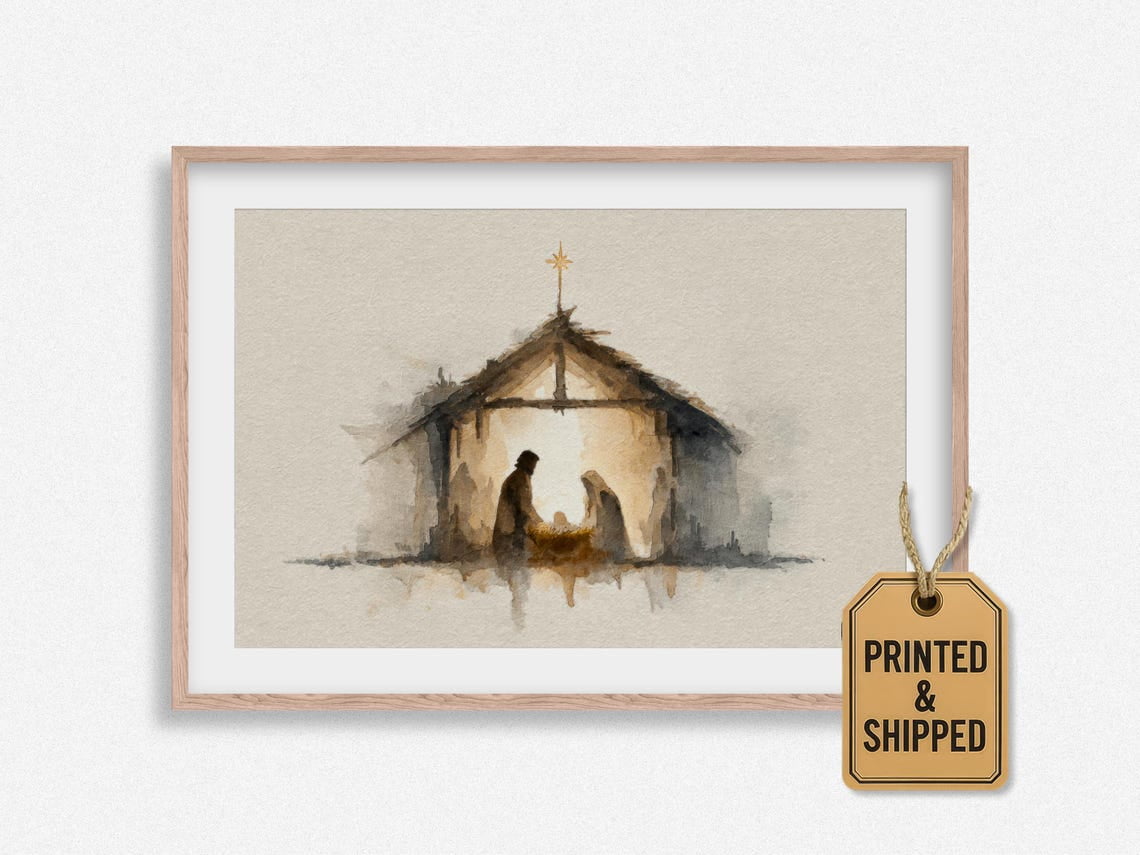 Minimalist Nativity Scene Watercolor Holy Family Under Bethlehem Star ...