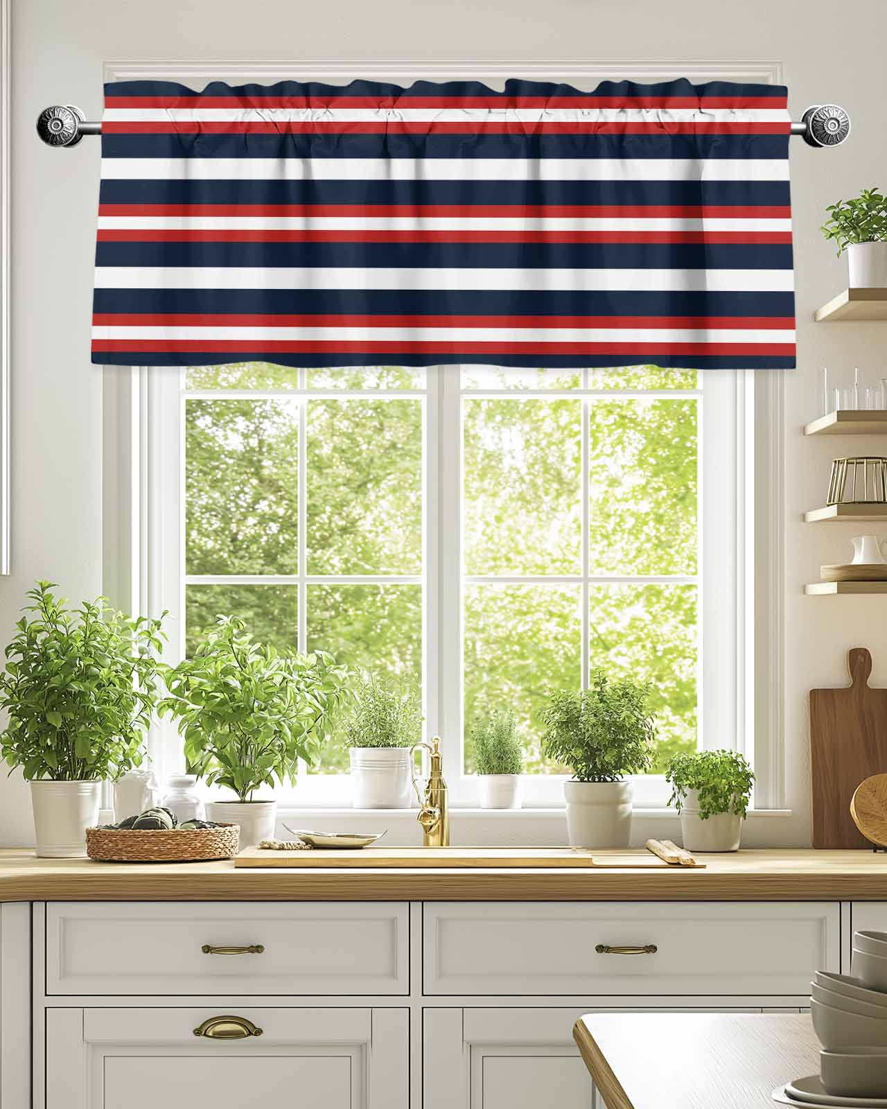 Minimalist Navy Blue Red Stripe Valances for Windows,Kitchen Valance ...