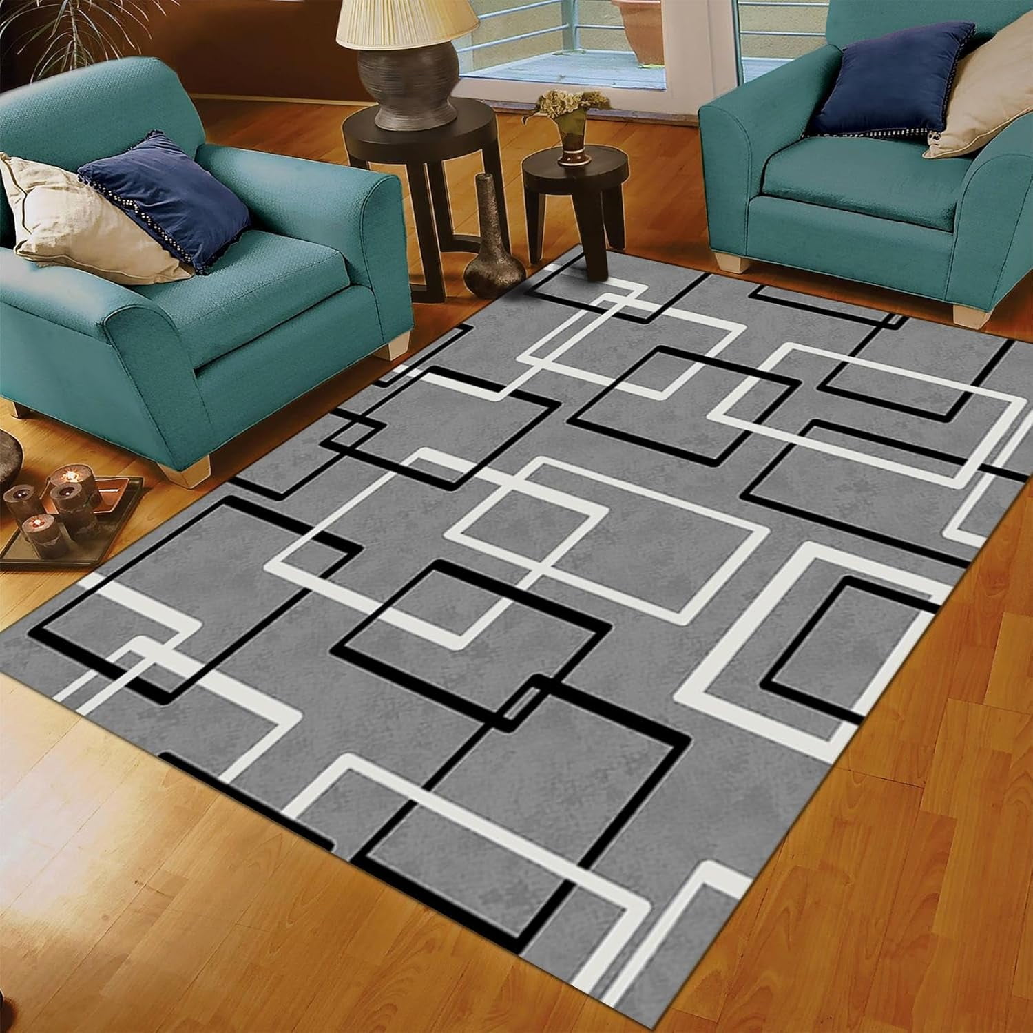 Minimalist Nordic Geometry Art Area Rug, Modern Black White Grey ...