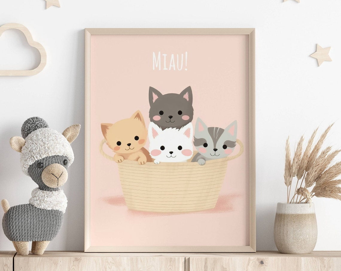 Minimalist Nursery Wall Art With Playful Kittens Light Pink Baby Room ...