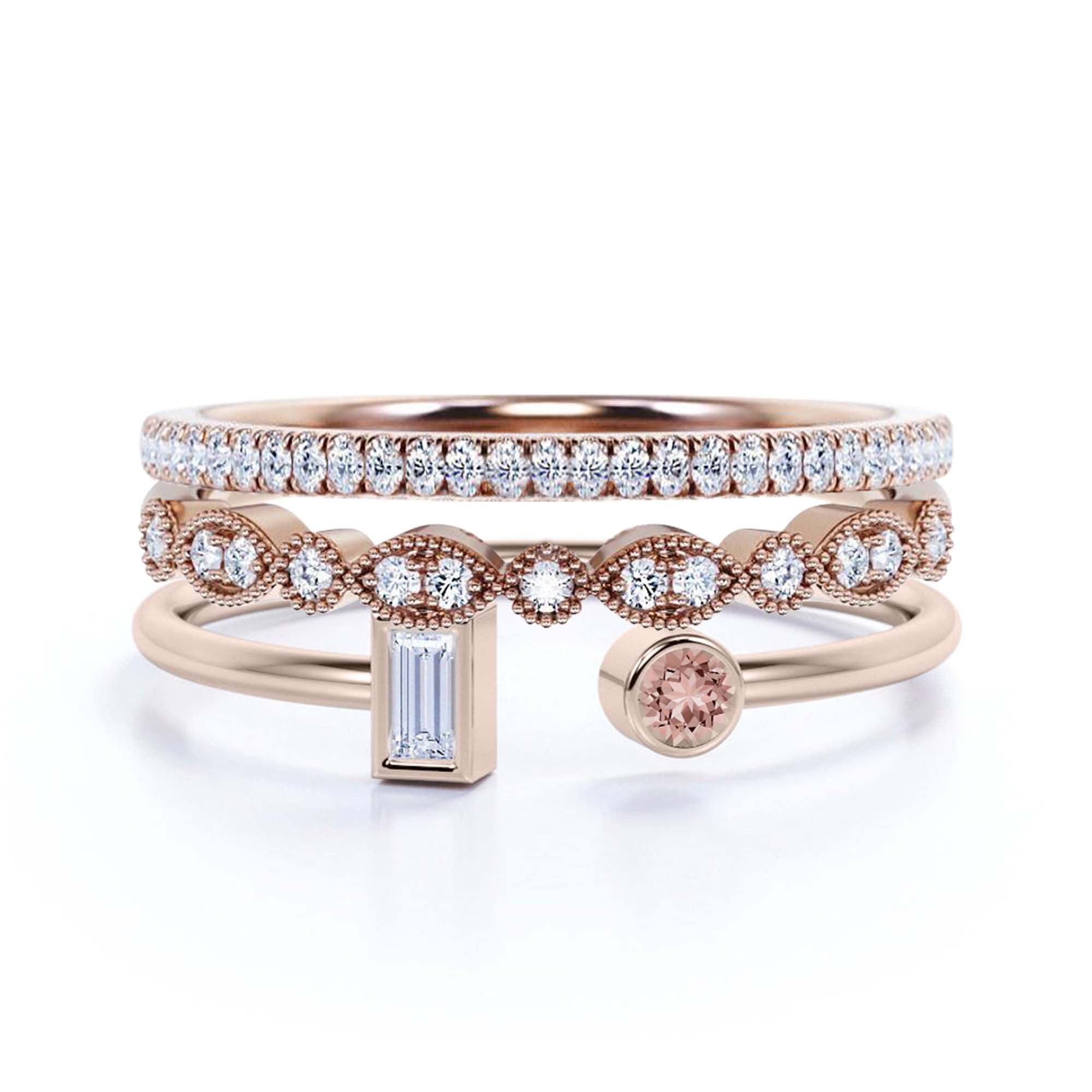 Minimalist Open Band Ring 1.80 Carat Round Cut Morganite And Diamond ...