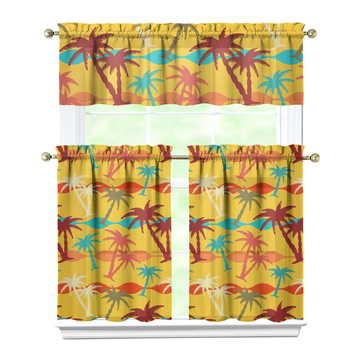 Minimalist Palm Tree Kitchen Curtains Set, Rod Pocket Tier and Valance ...