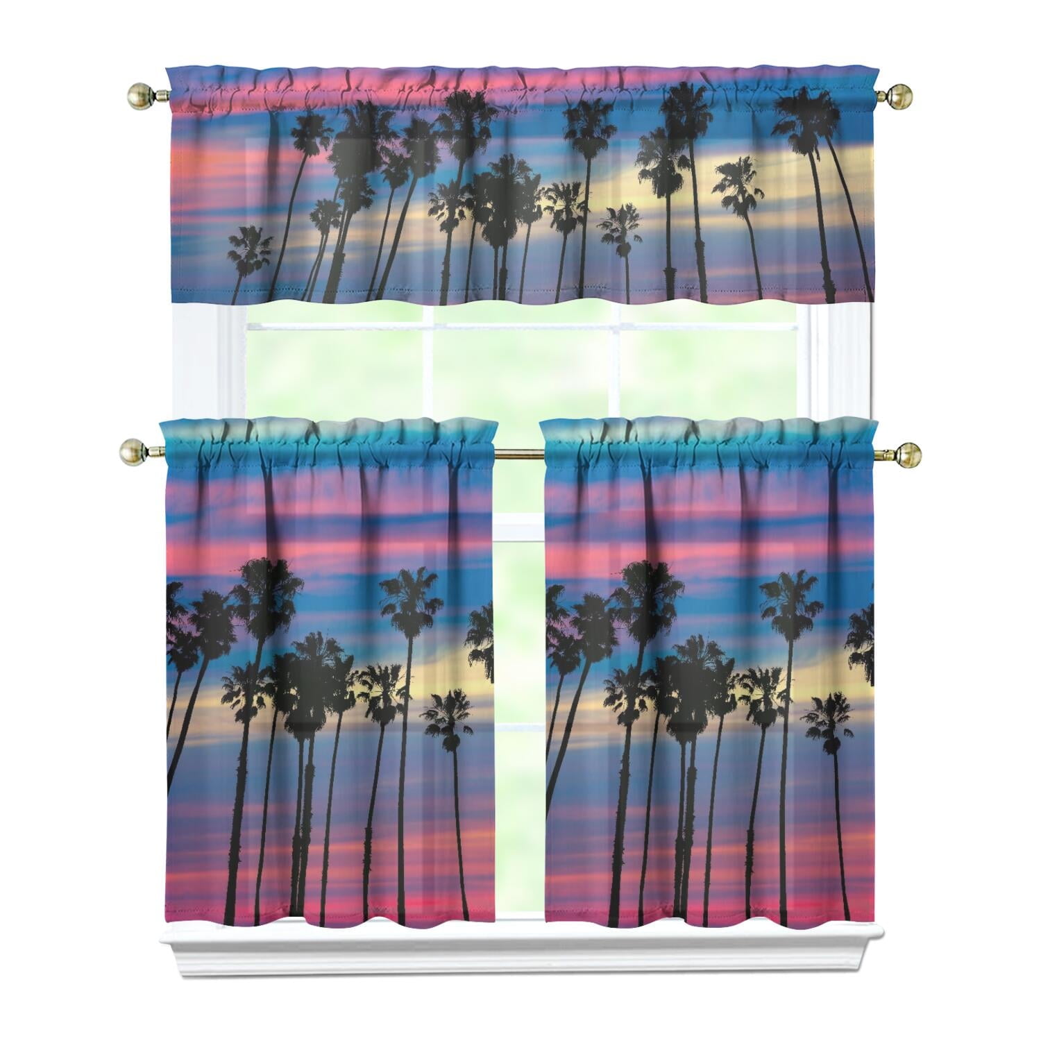 Minimalist Palm Tree Kitchen Curtains Set of 3 - Hawaii-Inspired Semi ...