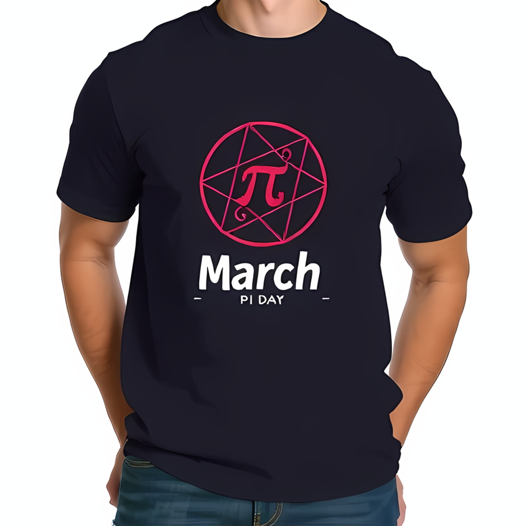 Minimalist Pi Day T-Shirt - Dark Navy Blue Cotton Tee with Pinkish-Red Pi Symbol & Geometric ...