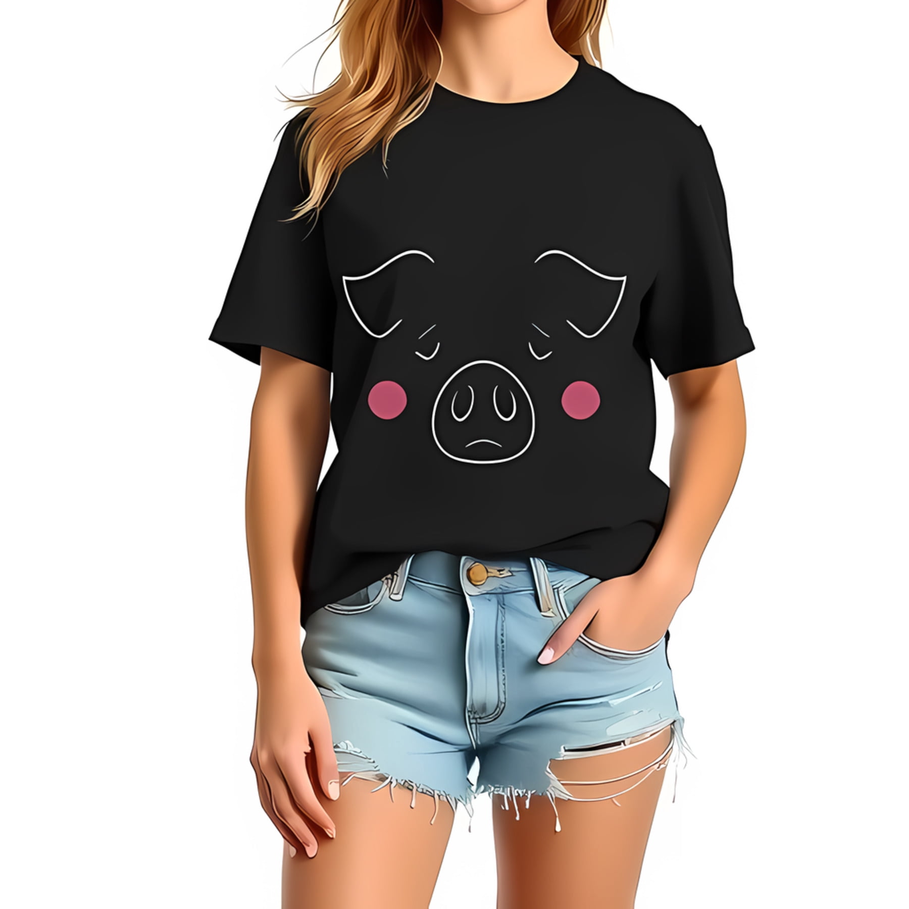 Minimalist Pig Face Graphic Cotton Short Sleeve T-Shirt with Blush Pink ...