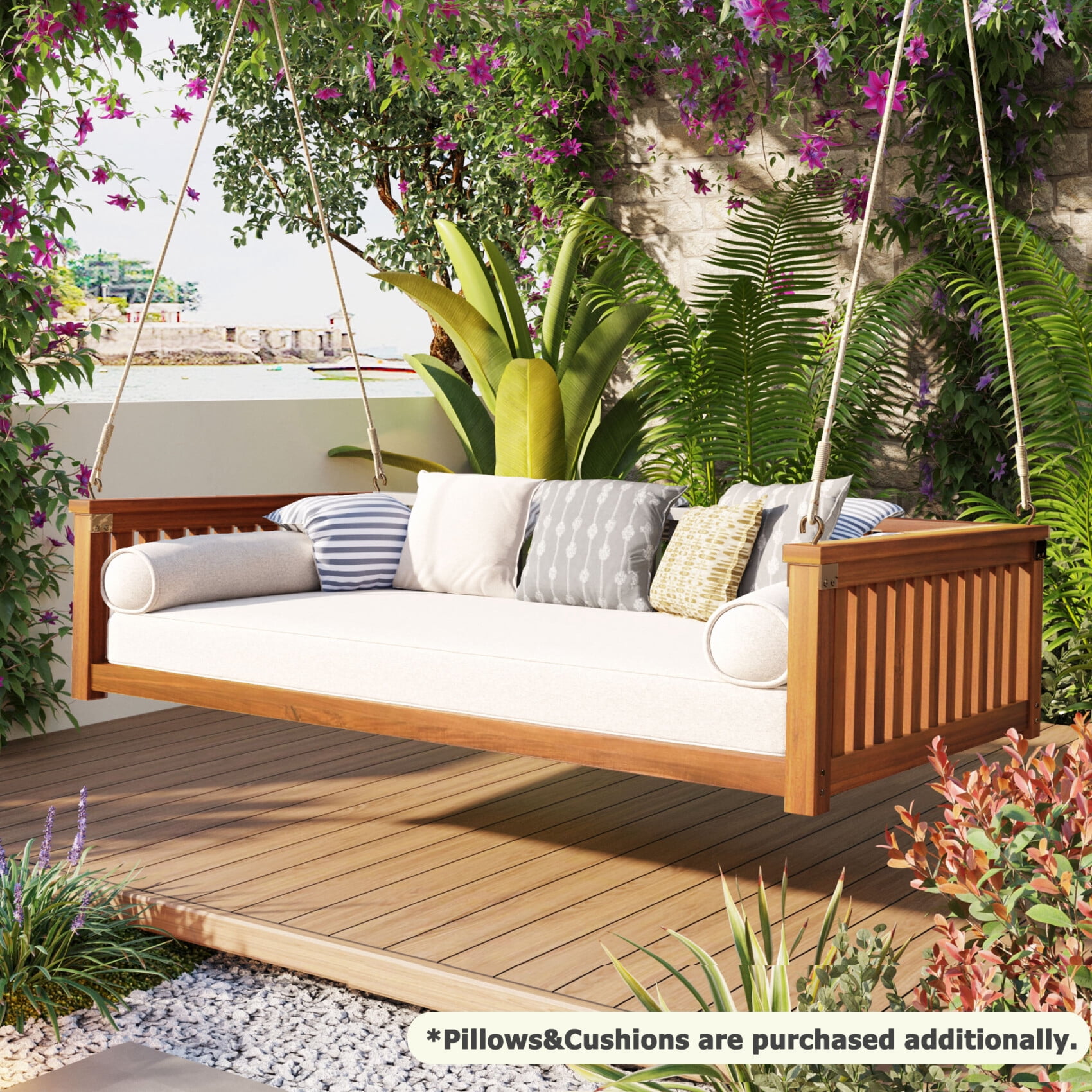 Minimalist Porch Swing with Hemp Rope and A-cacia Wood 2 Person Garden ...
