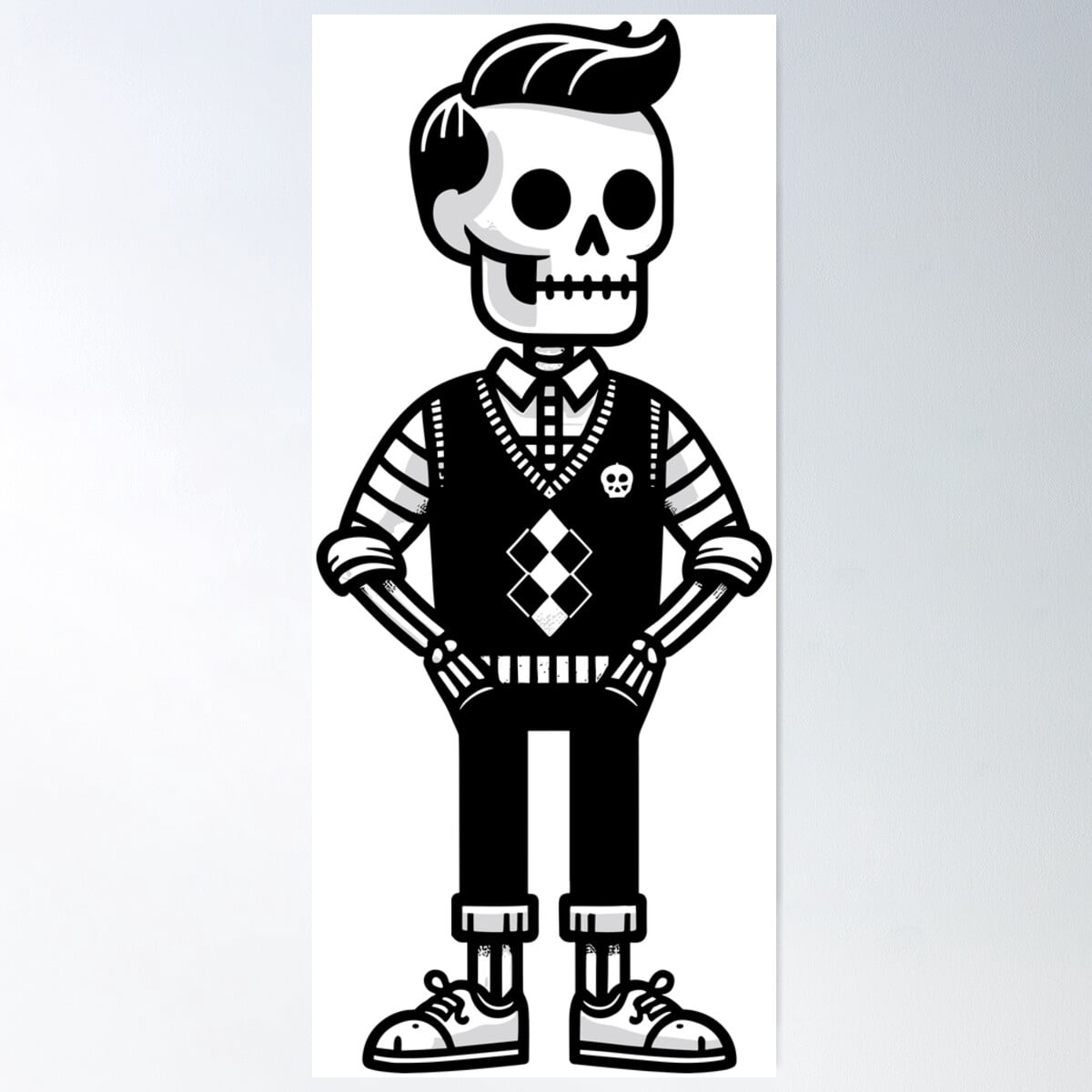 Minimalist Preppy Skeleton - Black And White Cartoon Poster Wall Art ...