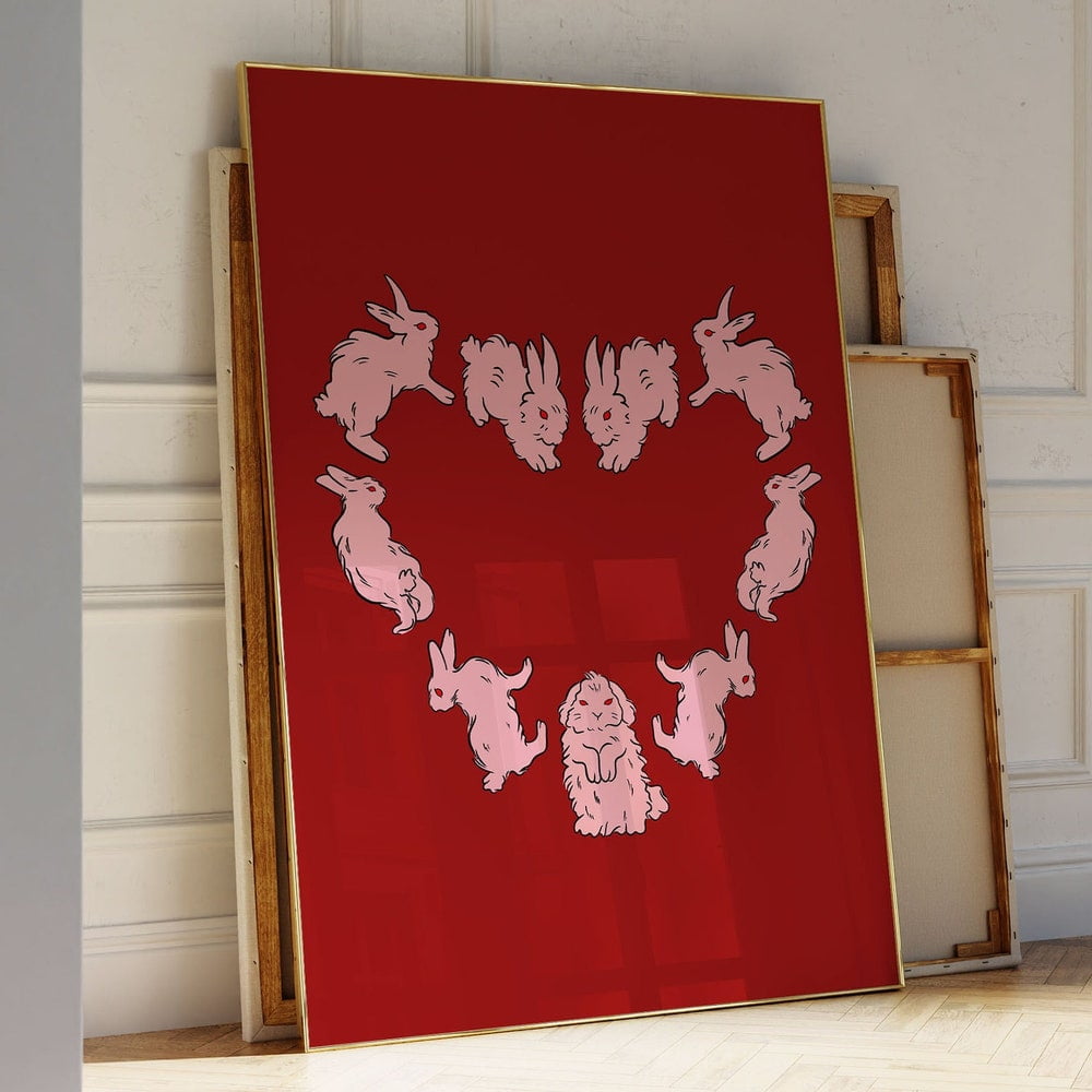 Minimalist Rabbit Wall Art Cute Bunny Decor, Pink Heart Design, Instant ...