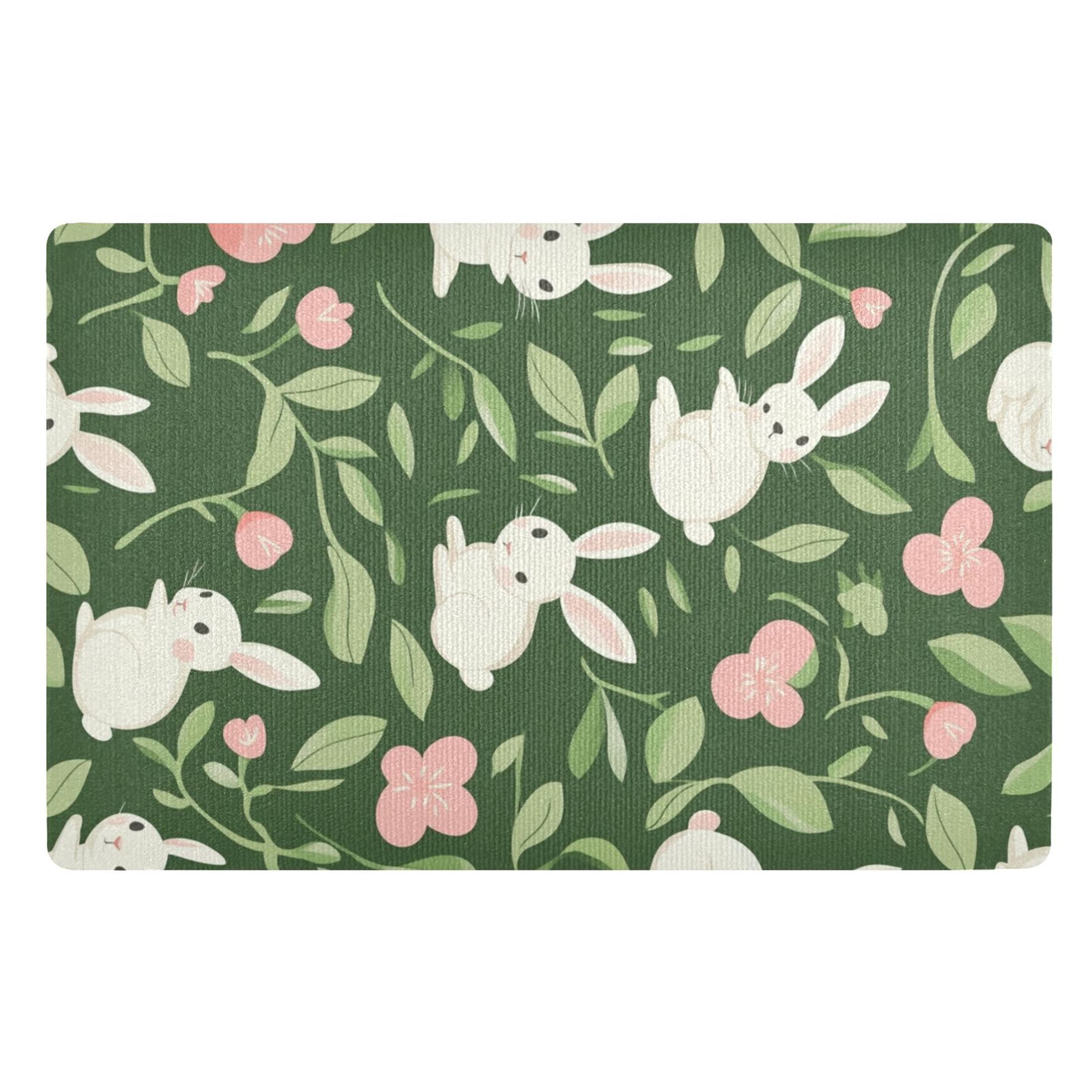 Minimalist Rabbit and Green Leaf Figure Floor Door Mat Outdoor Indoor ...