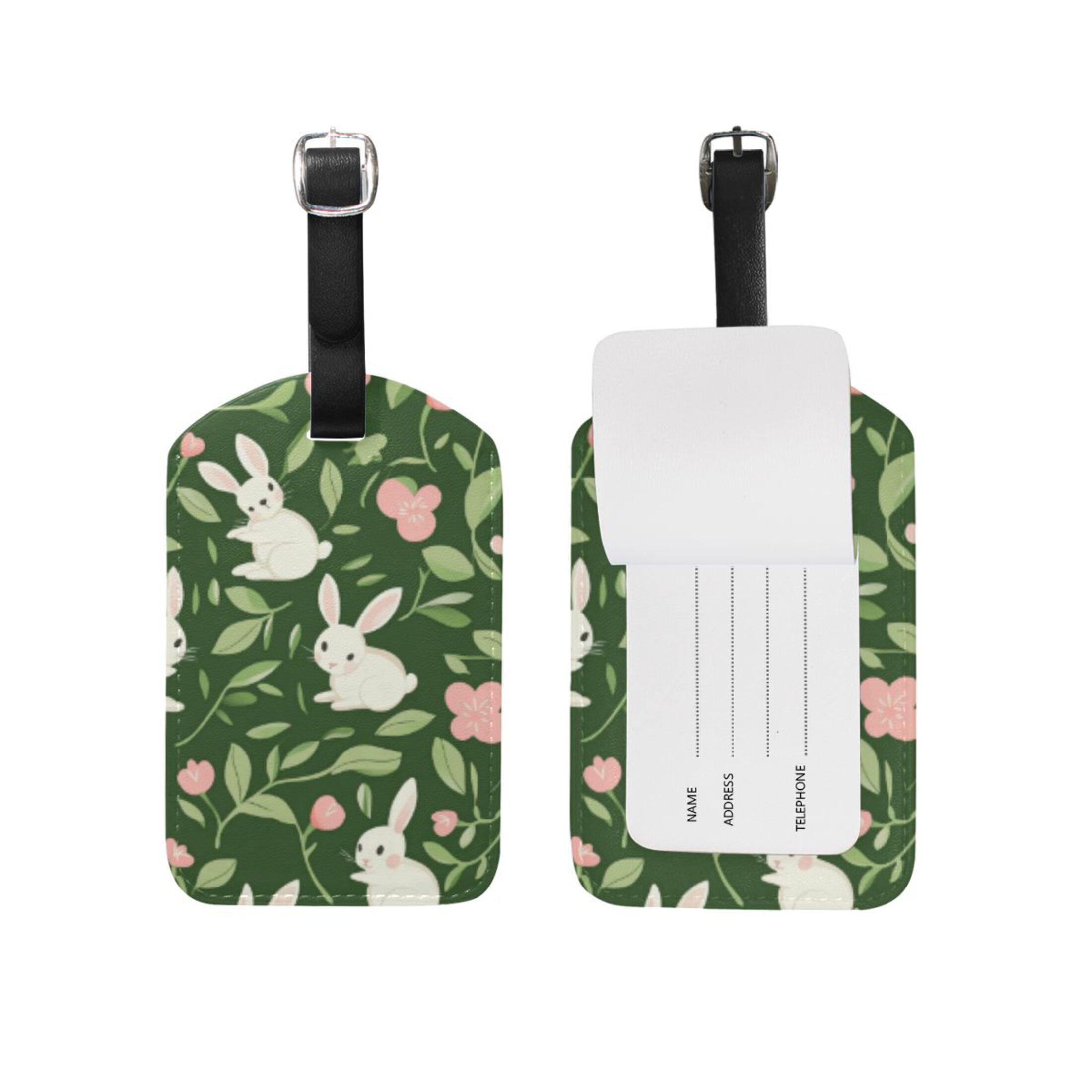 Minimalist Rabbit and Green Leaf Figure Luggage Tags PU Leather Name ID ...
