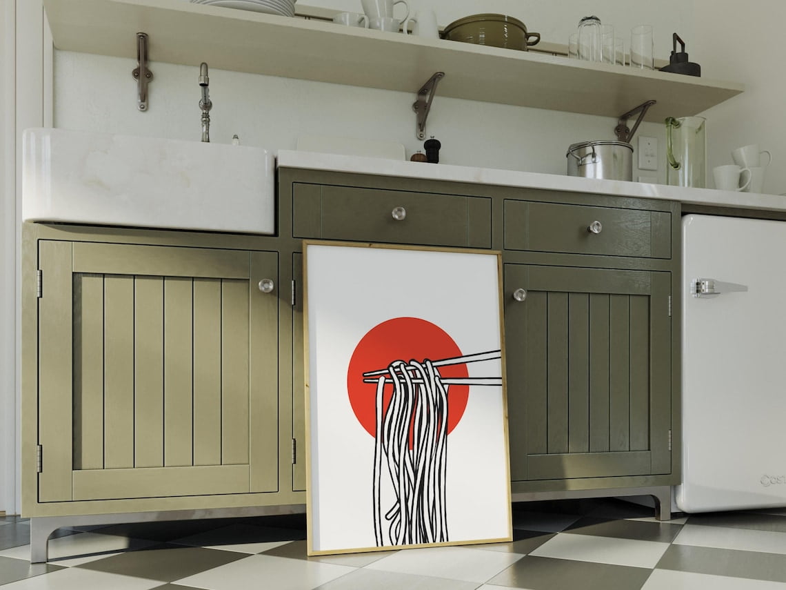 Minimalist Ramen And Chopsticks Print - Japanese Food Art With Red Sun ...