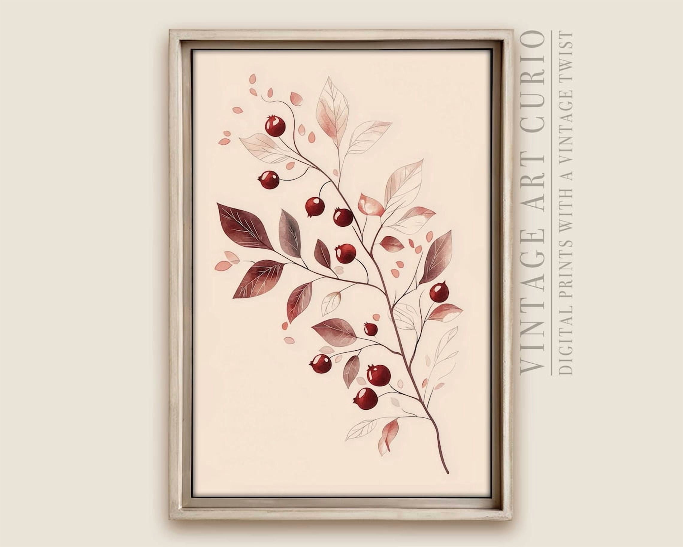 Minimalist Red Berry Wall Art Print, Elegant Botanical Winter Decor ...