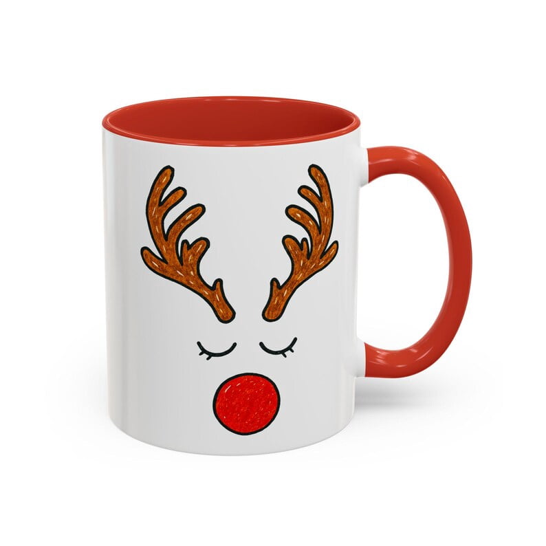Minimalist Reindeer Face Mug Cute Red Nose Antlers CH1Ristmas Coffee ...
