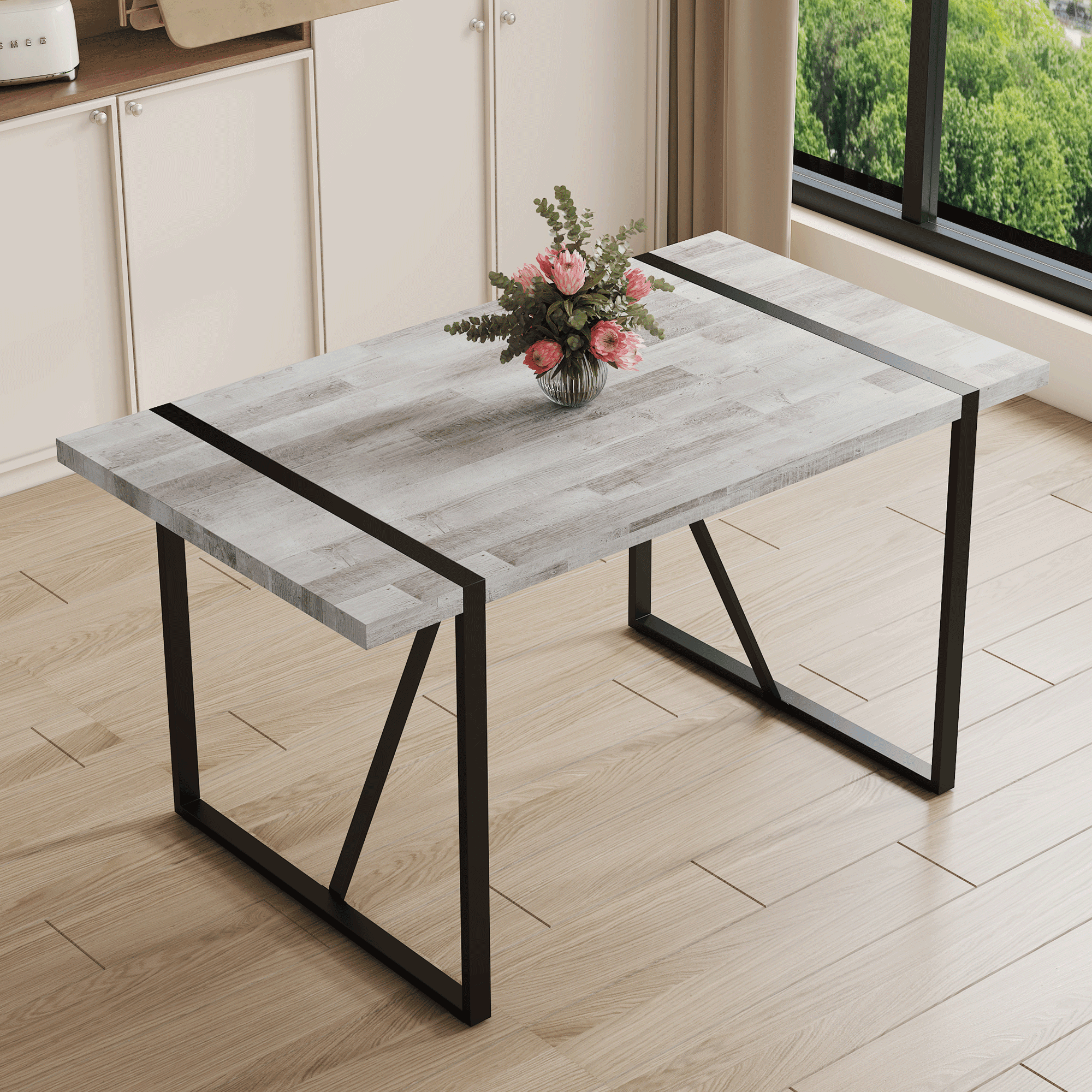 A minimalist retro rectangular dining table with a specially textured ...