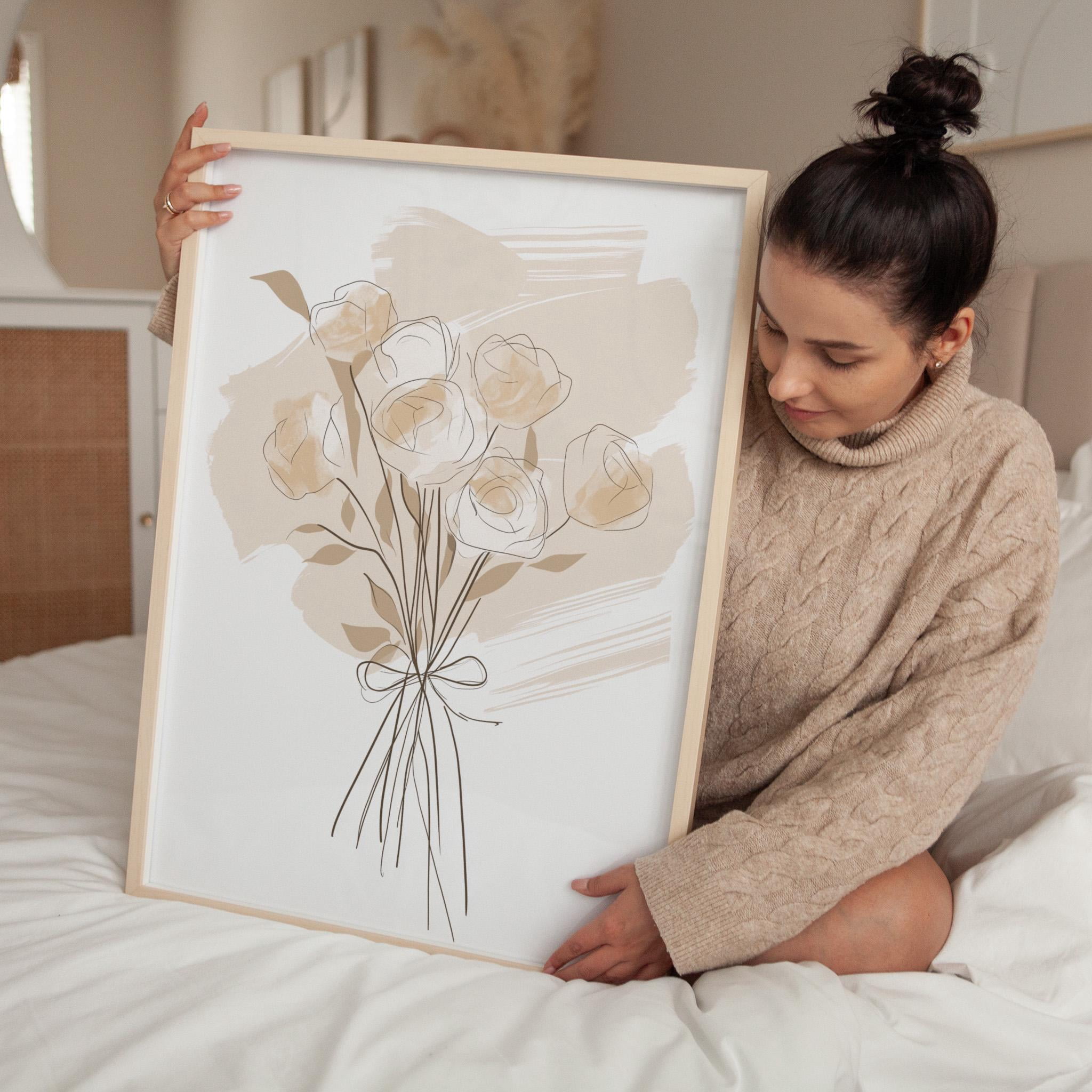 Minimalist Rose Bouquet Art Print Beige Floral Line Drawing - Walmart.com