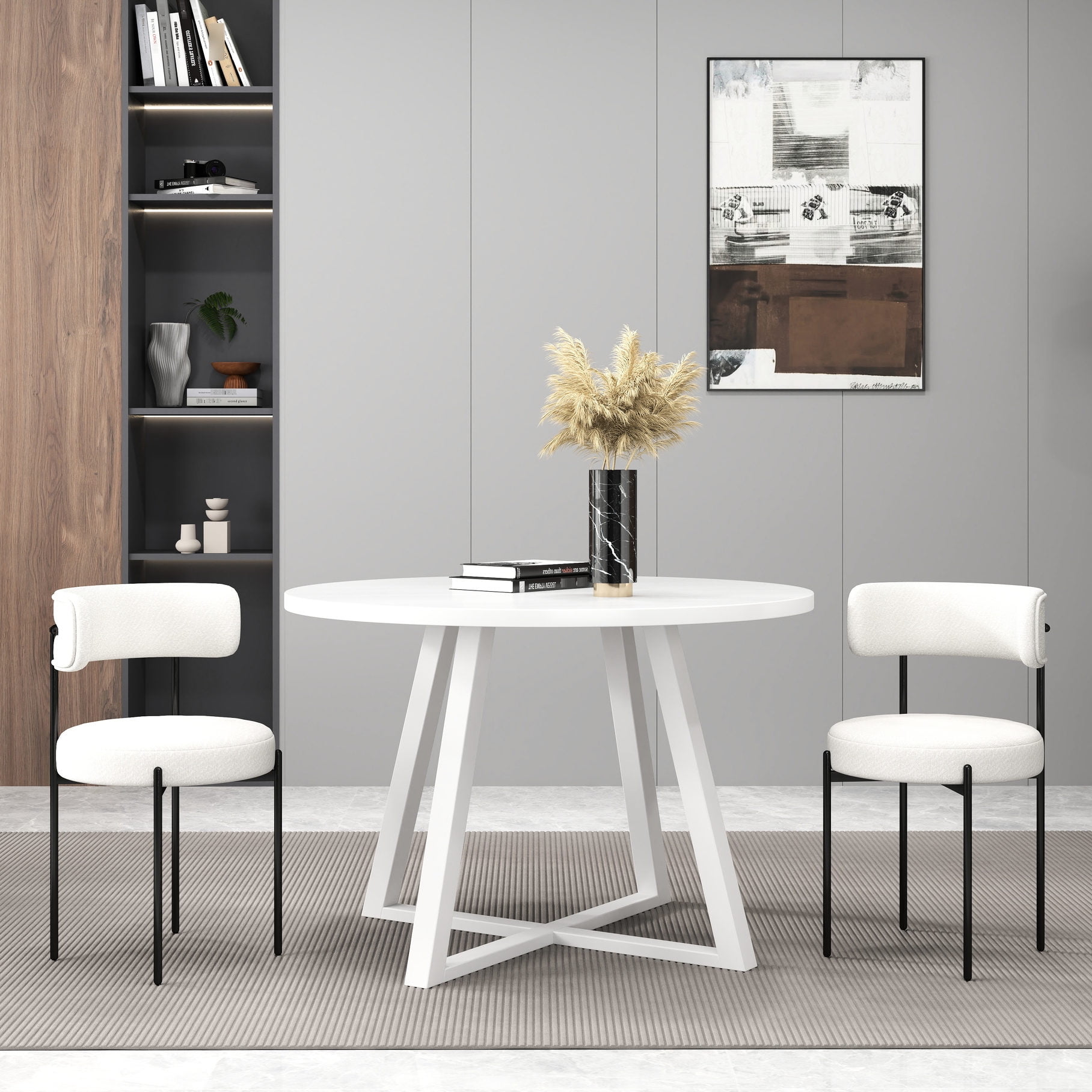 Minimalist Round Dining Table + Contemporary Boucle Chairs”-“Modern ...