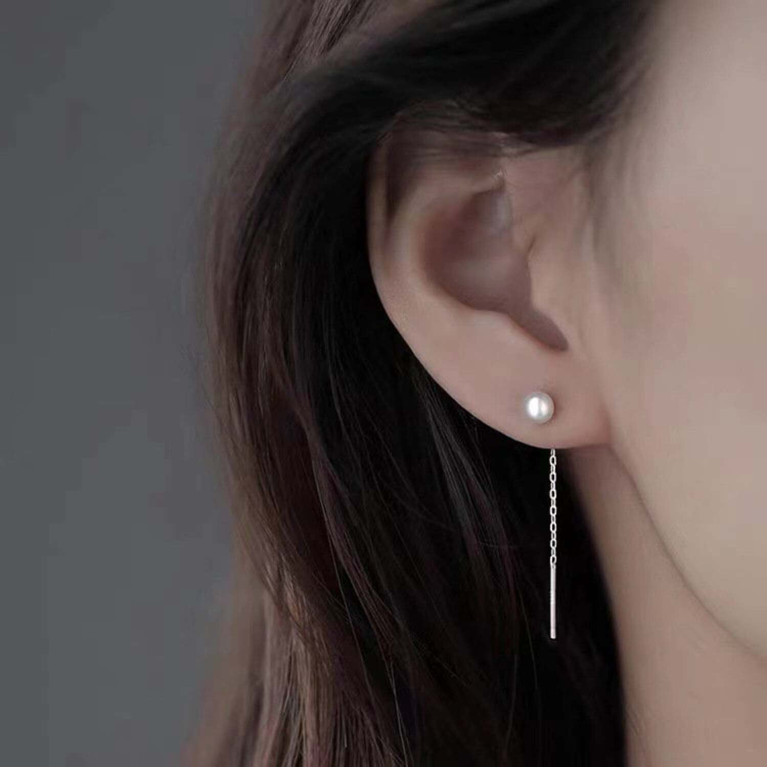 Minimalist S999 Silver Pull Through Threader Earrings with Freshwater Pearl - Shanali Jewelry ...