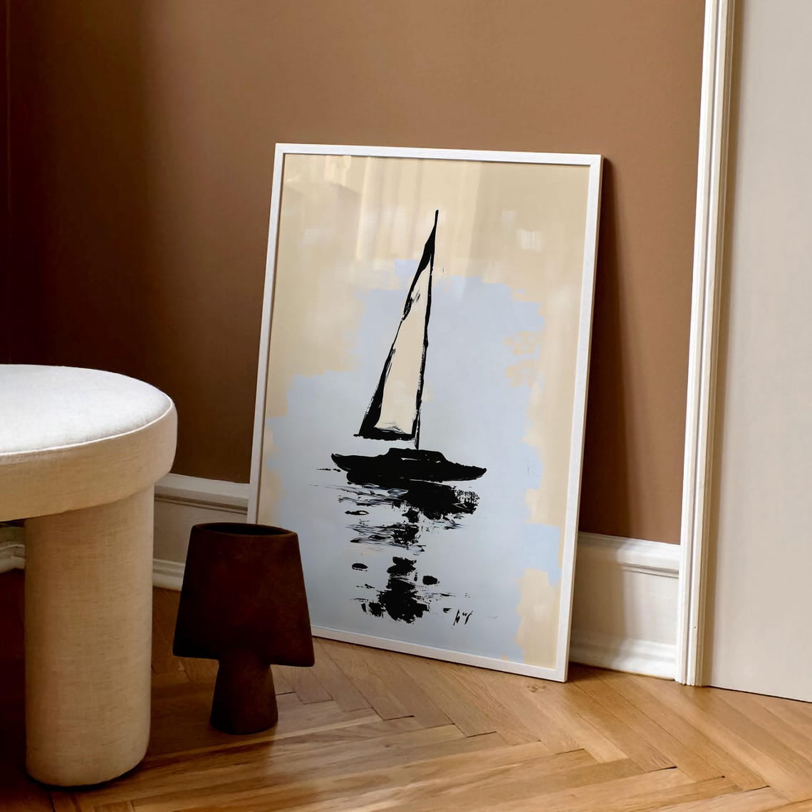 Minimalist Sailboat Art Beige Black Nautical Coastal Decor, Unframed ...