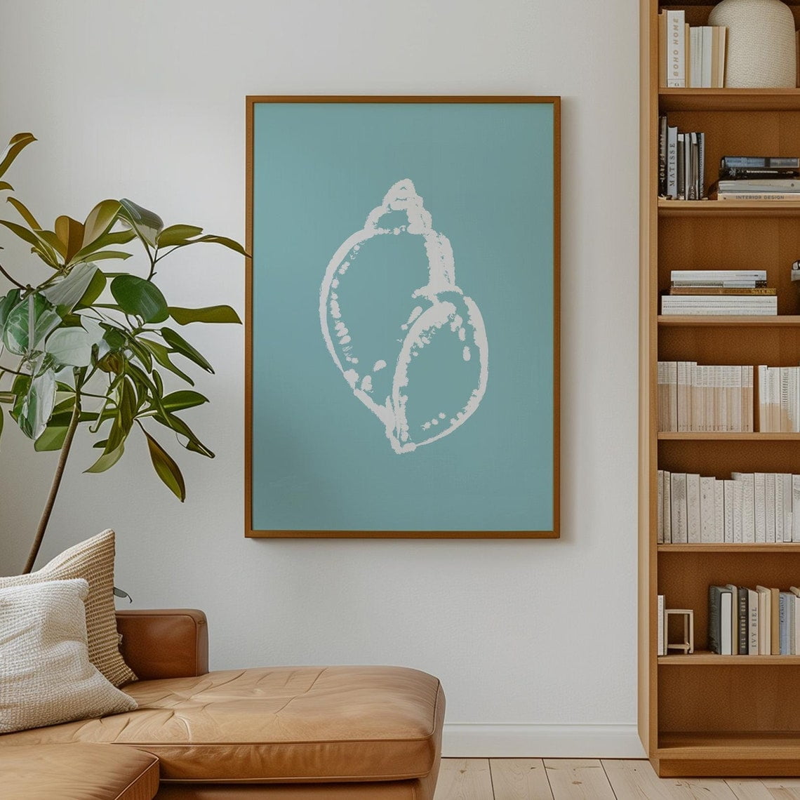 Minimalist Seashell Coastal Wall Art - Aqua Blue Beach Decor For Modern ...