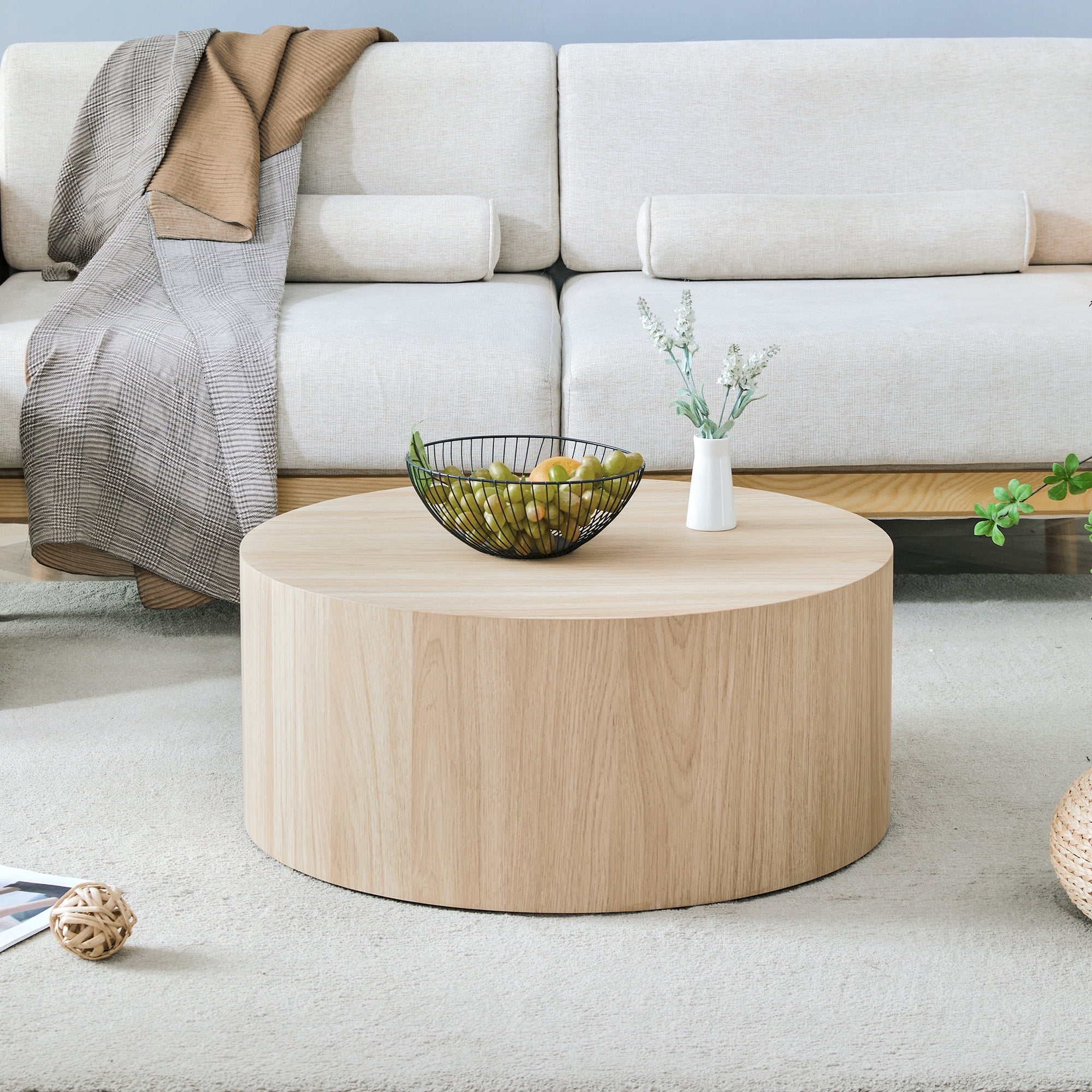 Minimalist Simple Deep Walnut Cylindrical Coffee Table, 27.5-Inch ...