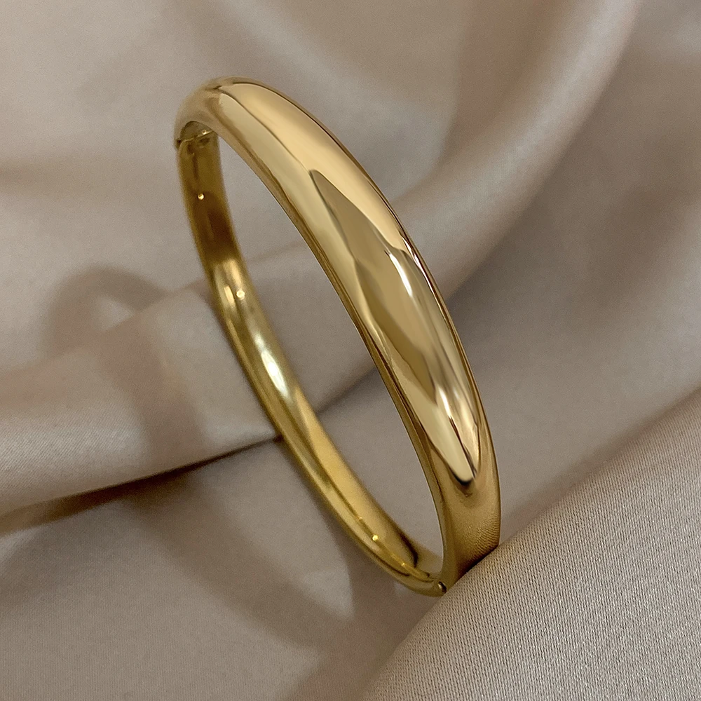 Minimalist Smooth Chunky Cuff Bangles for Women 14K Yellow Gold Golden ...