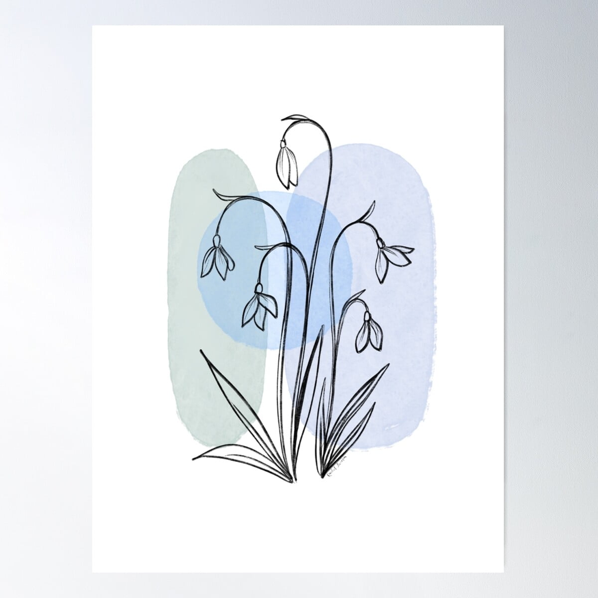 Minimalist Snowdrop Flowers - Simple Botanical Drawing With Blue And Green Shapes Poster Wall ...