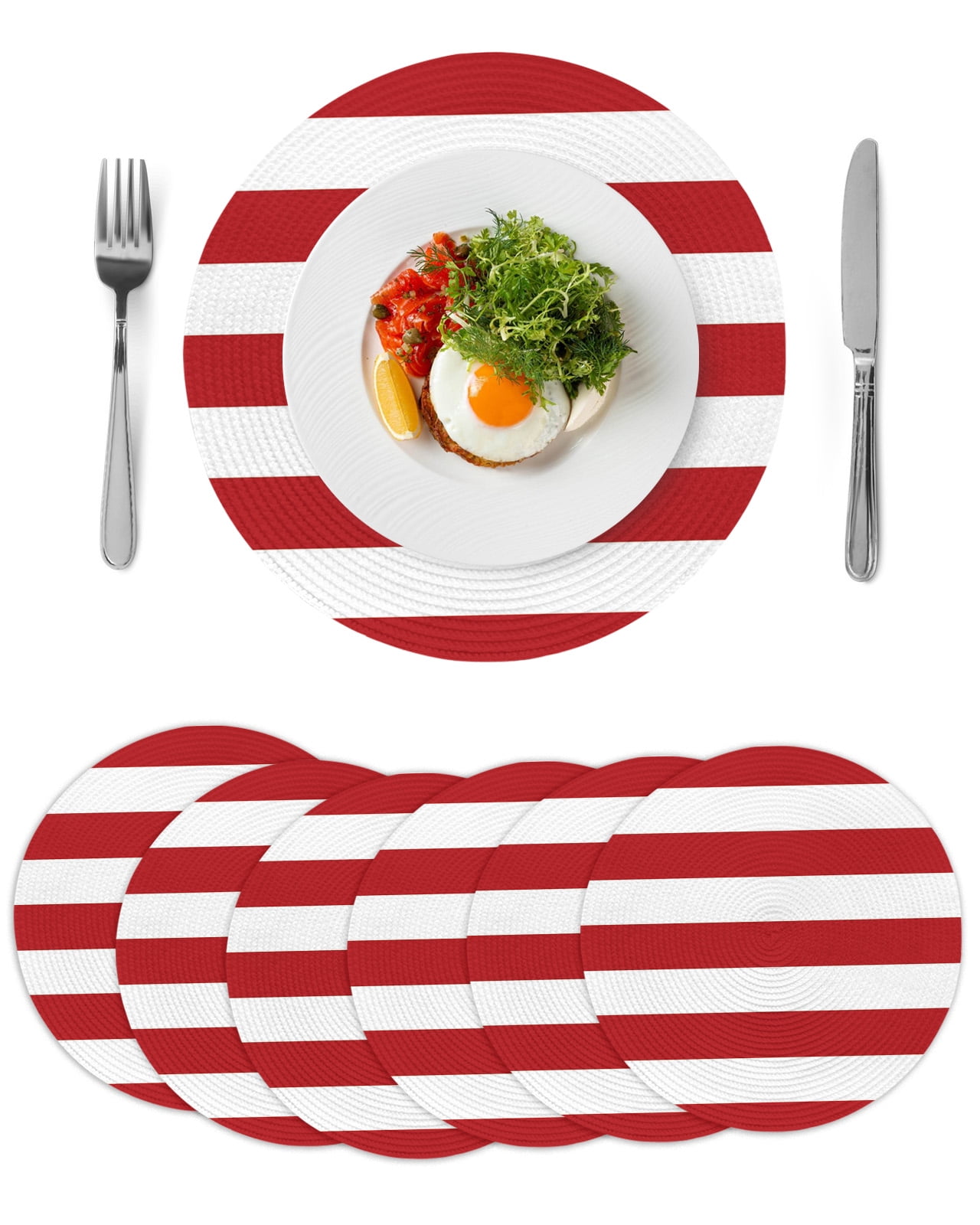 Minimalist Striped Round Table Placemats set of 6, Red White Washable ...