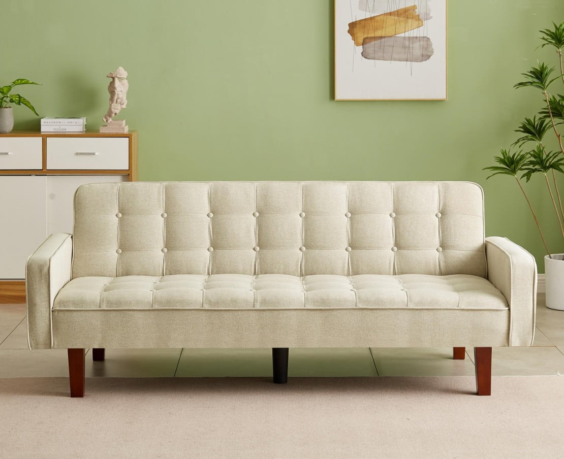 Minimalist Style Linen Futon Sofa Couch , Button design Convertible ...