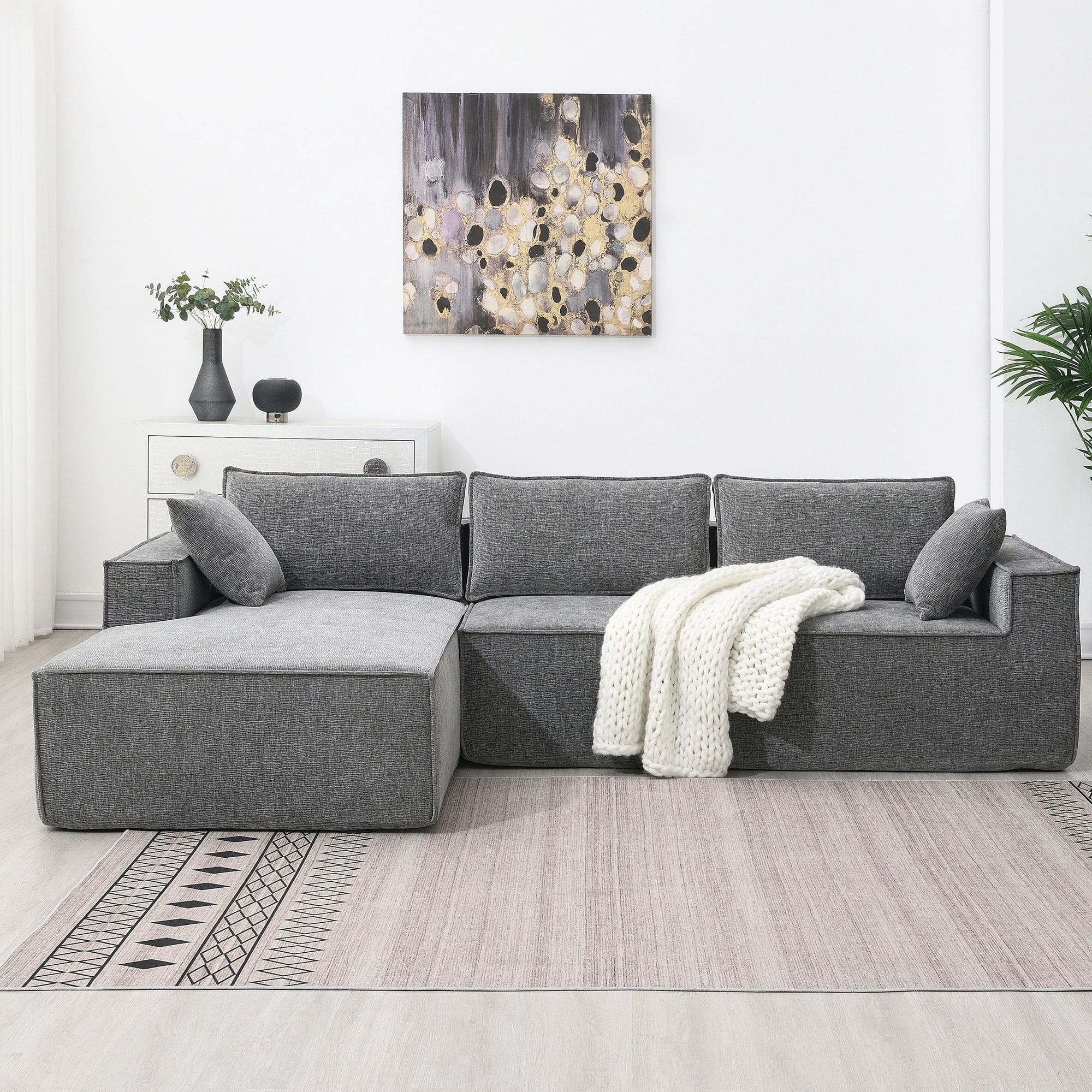 Minimalist Style Modular Sectional Sofa Chenille Couch Set Grey ...