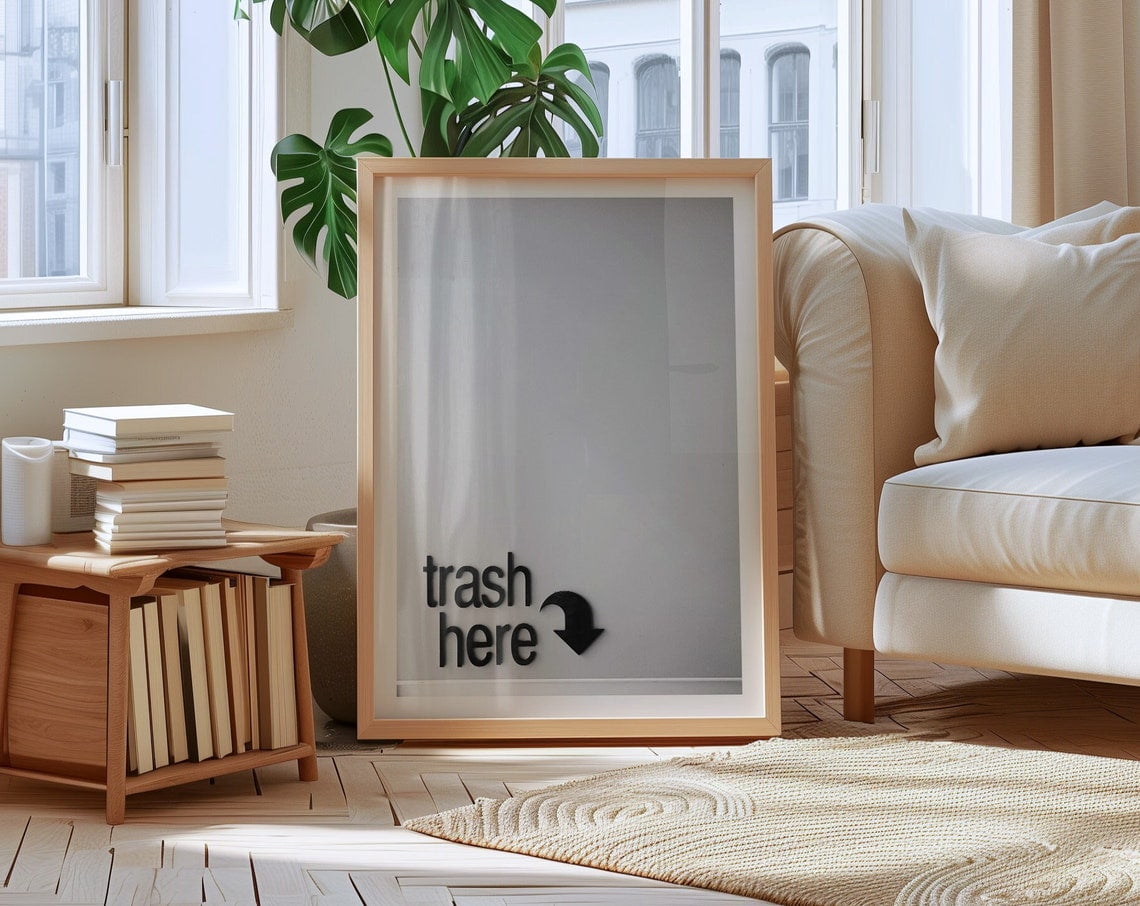 Minimalist Trash Bin Sign Art, Modern Waste Management Decor, Eco ...