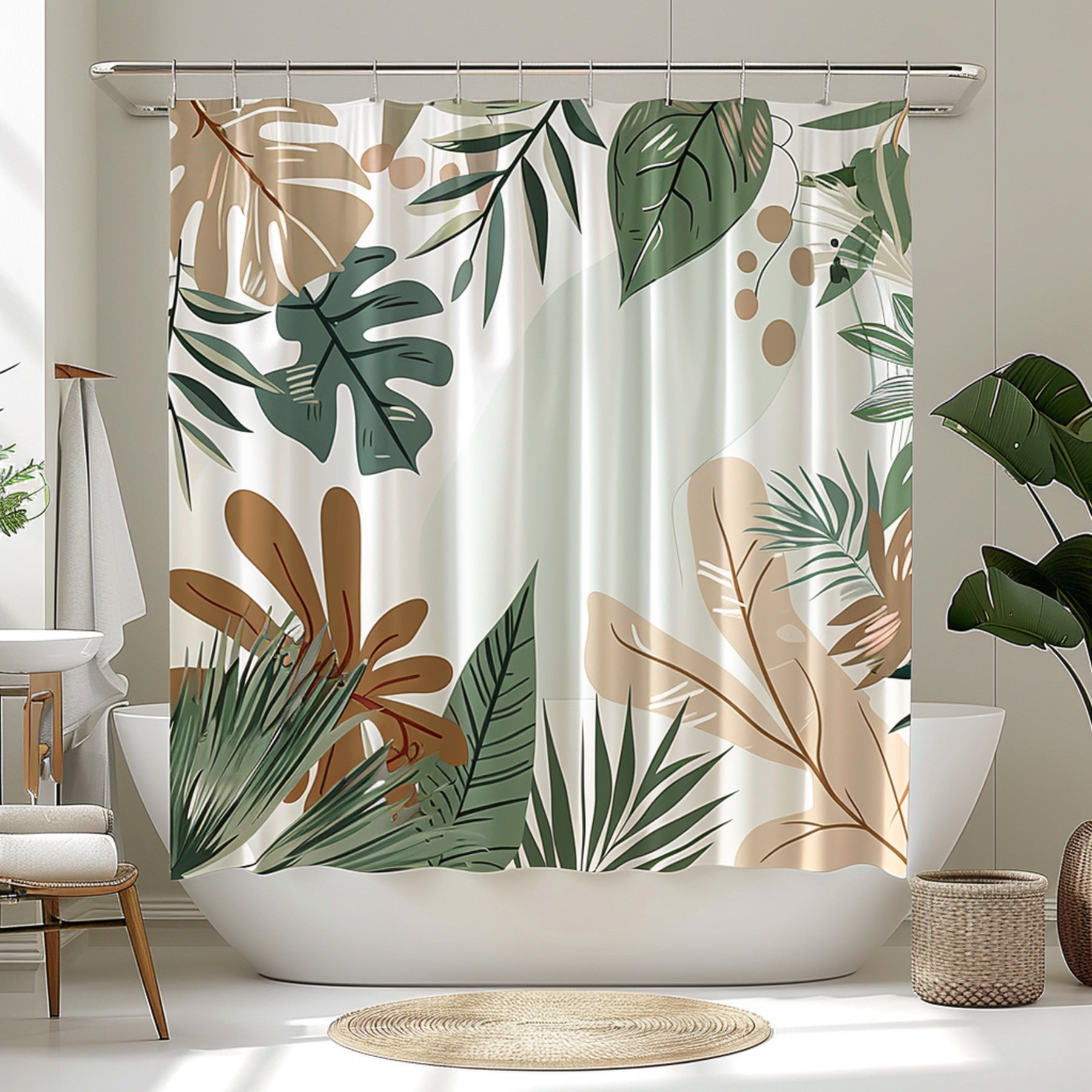 Minimalist Tropical Rainforest Bathroom Decor With Green Leaves And