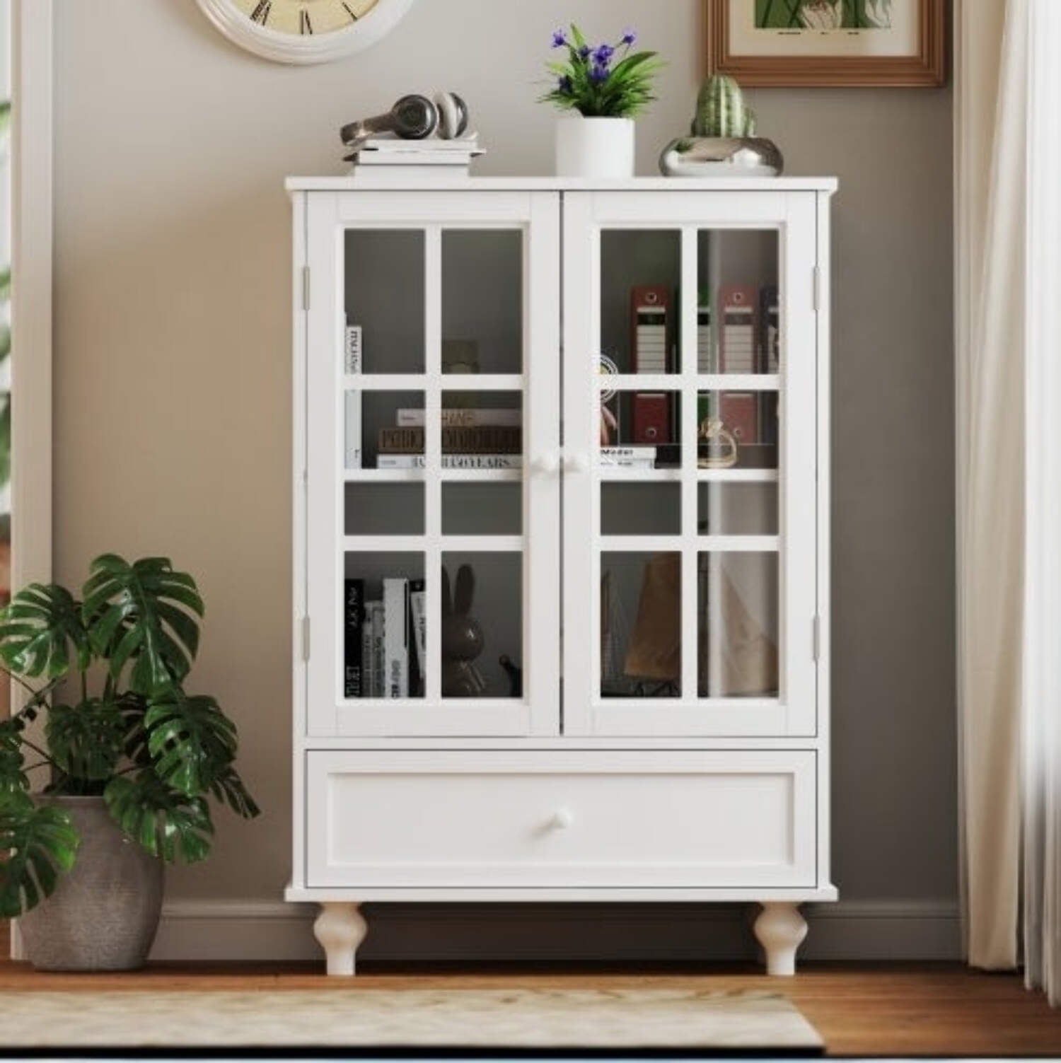 Minimalist White Buffet Cabinet With Double Glass Doors And Drawer ...