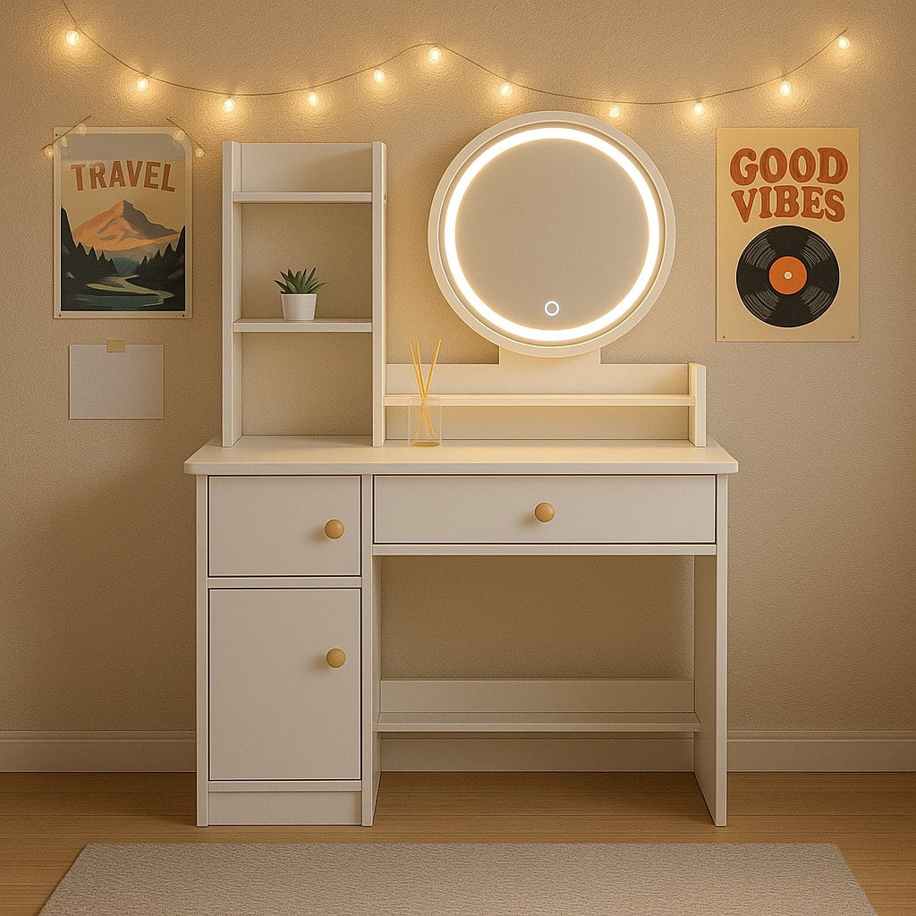 Minimalist White Vanity With Round Mirror, Organizer Shelves, Drawer ...