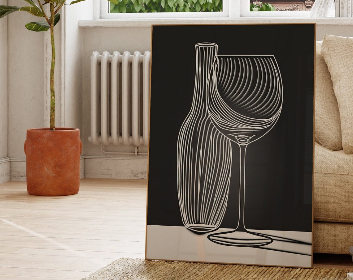 Minimalist Wine Glass Wall Art In Black And White, Simple Wine Glass ...