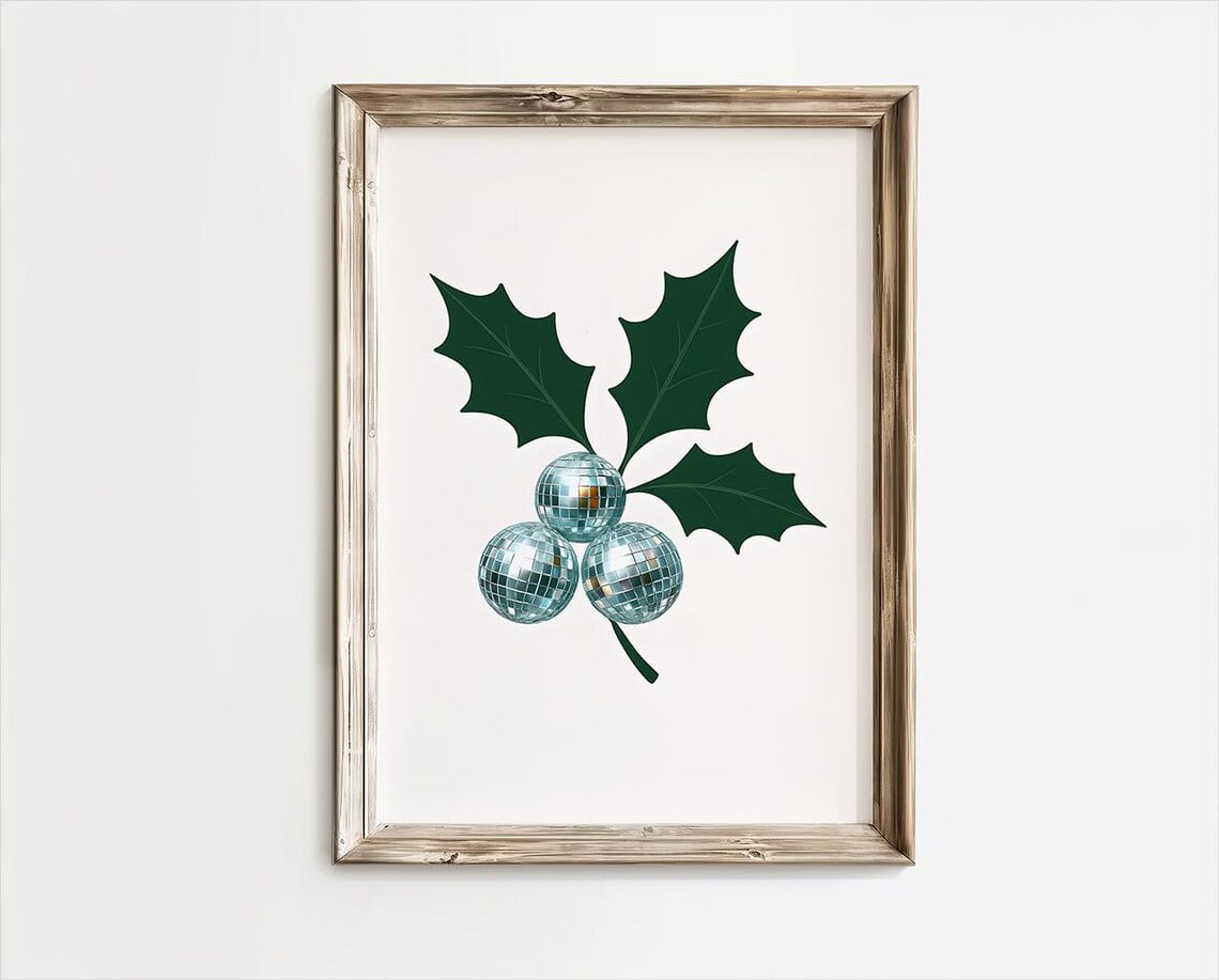 Minimalist Winter Festive Holly Poster Retro Winter Festive Disco Ball ...