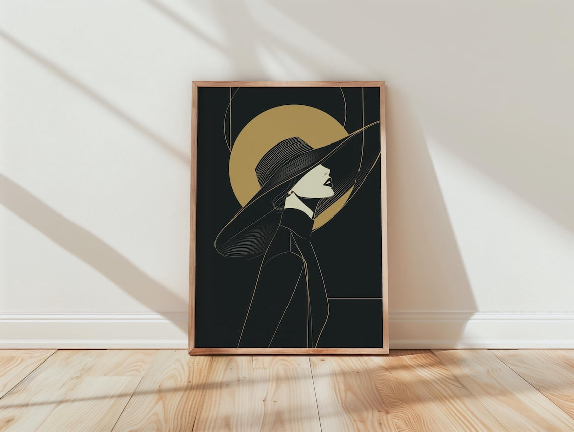 Minimalist Woman Black Gold Wide Brim Hat Fashion Poster Unframed Paper ...