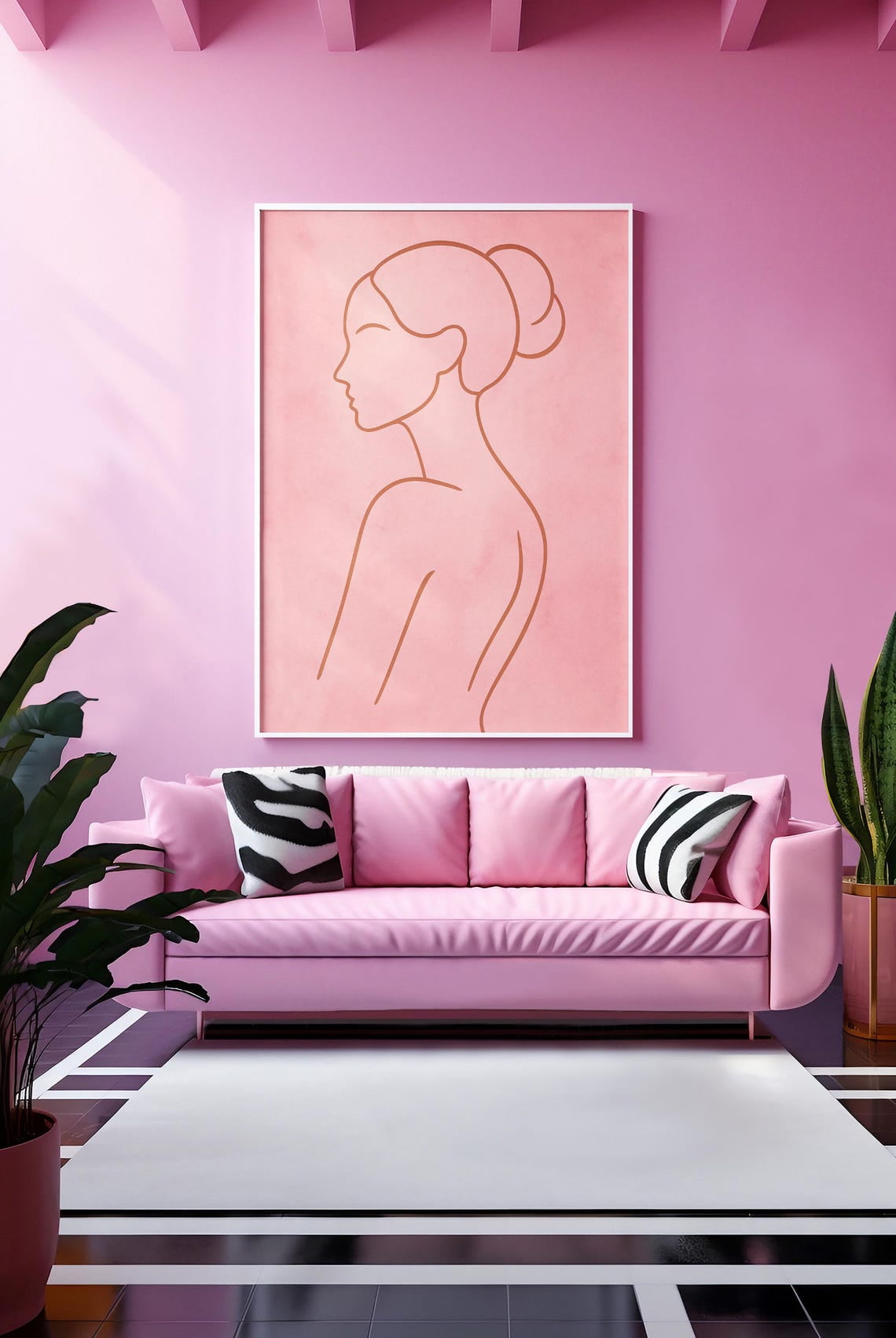 Minimalist Woman Line Art Poster: Pink Feminine Silhouette, Unframed ...