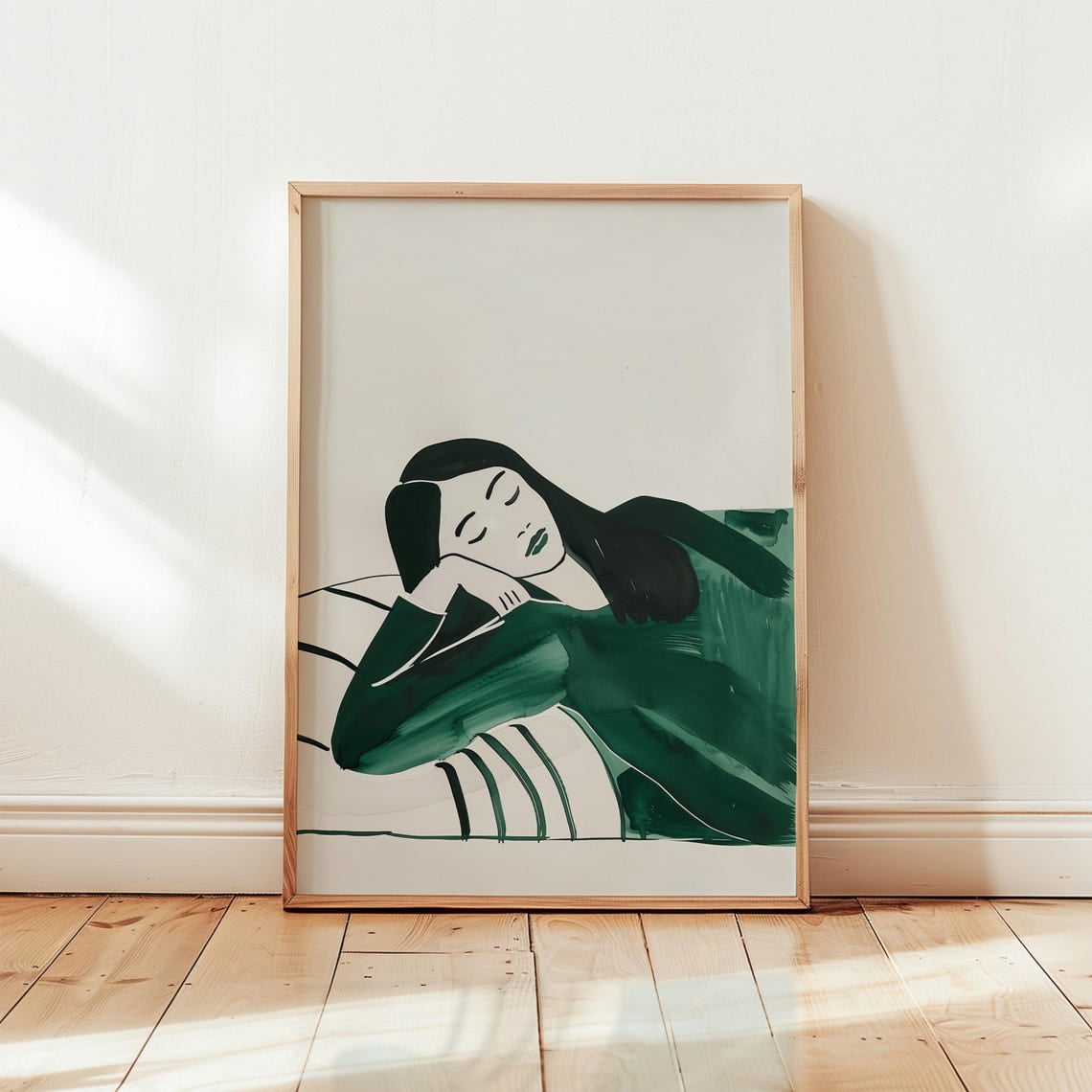 Minimalist Woman Resting On Sofa, Modern Green Aesthetic Art, Peaceful ...