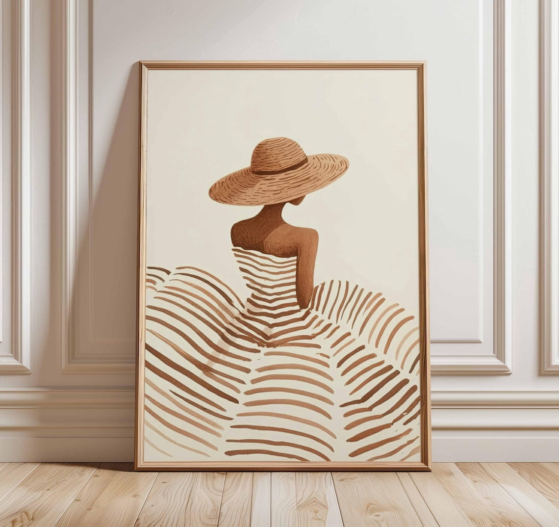 Minimalist Woman in Sun Hat Poster Neutral Boho Wall Art Fashion ...