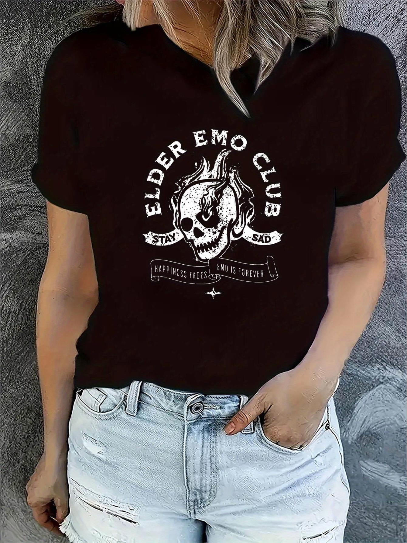 [Minimalist] Women's Elder Emo Club Graphic T-Shirt - Black, Skull & Flame Design with Bold Text ...