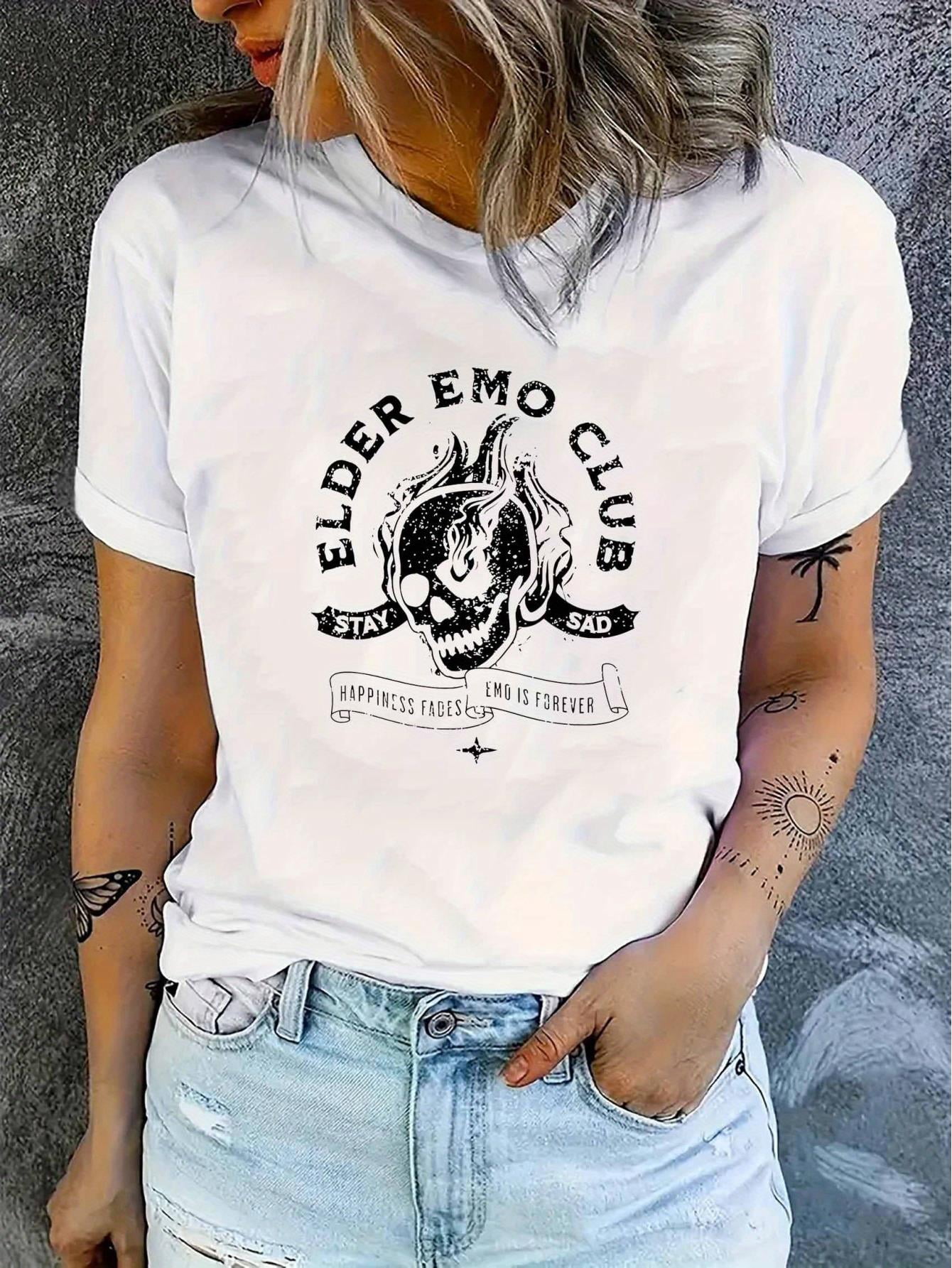 [Minimalist] Women's Elder Emo Club Graphic T-Shirt - Black, Skull ...