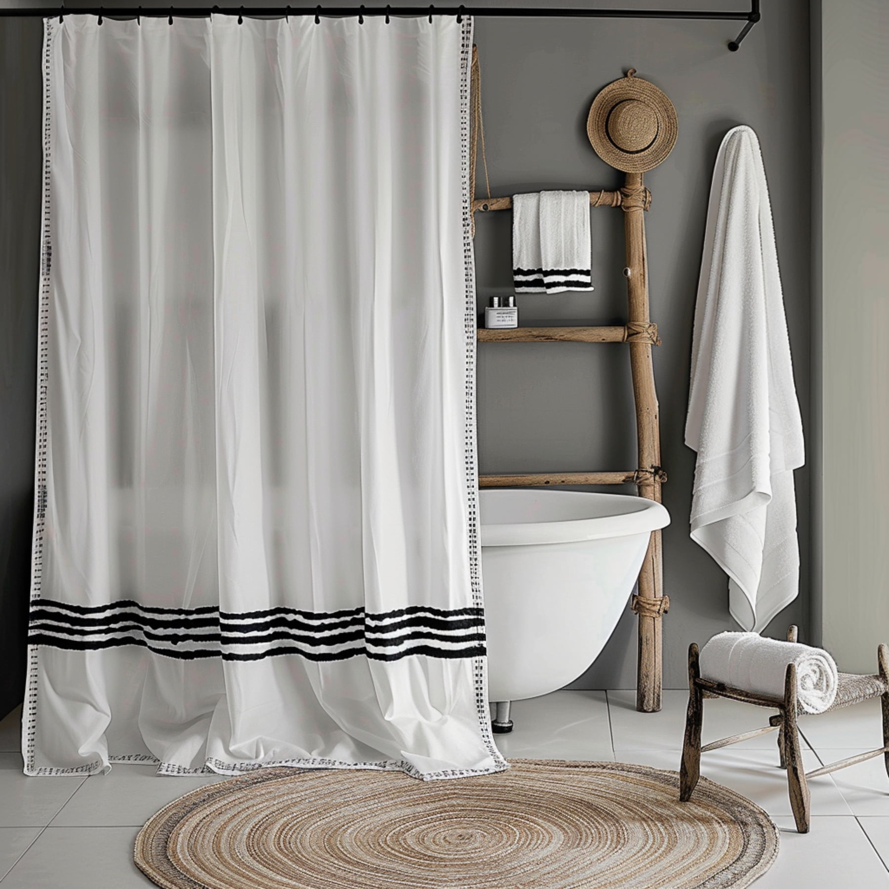 Minimalist black and white striped shower curtain with modern boho style and black accents ...
