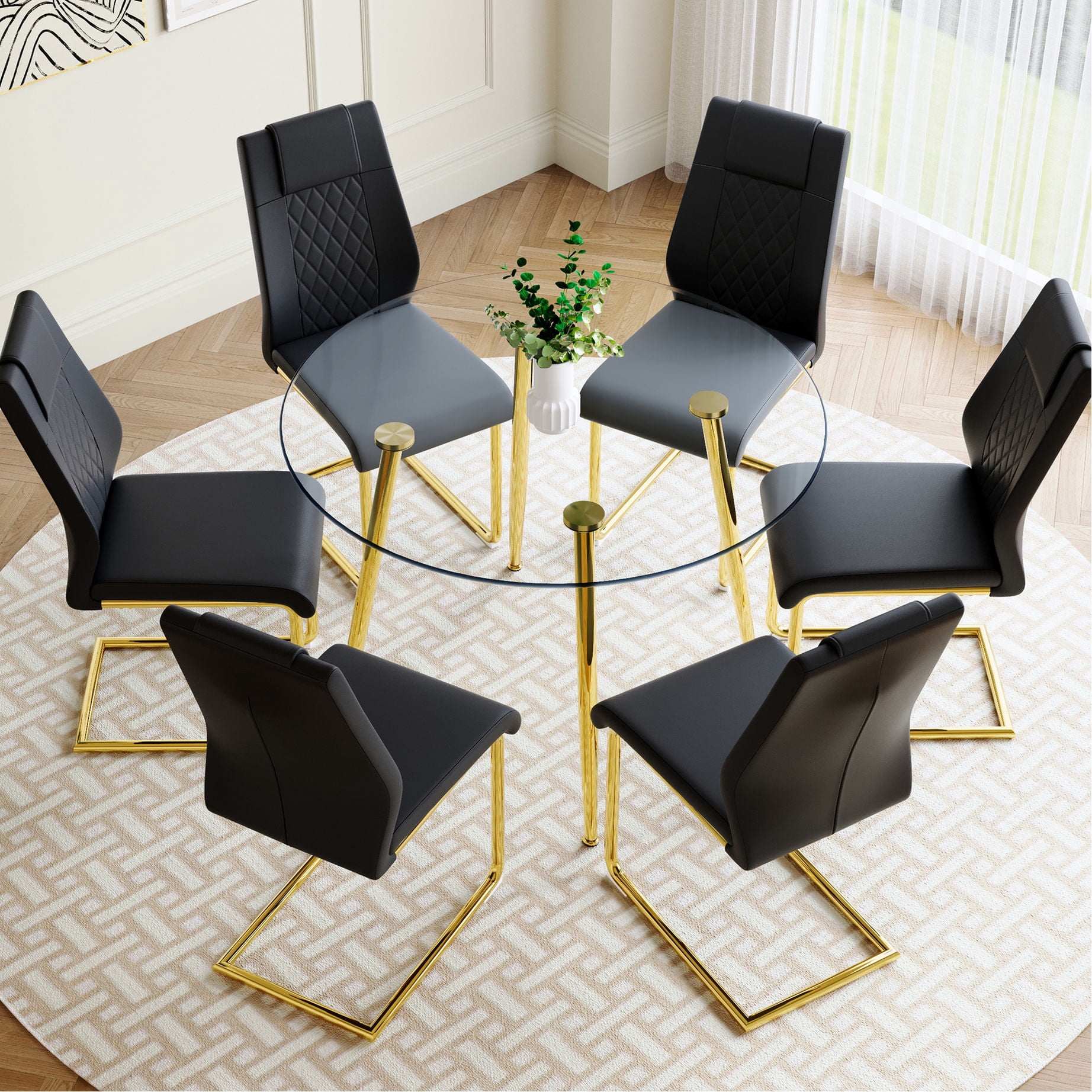 Minimalist round glass table with gold legs and 6 high - back PU ...