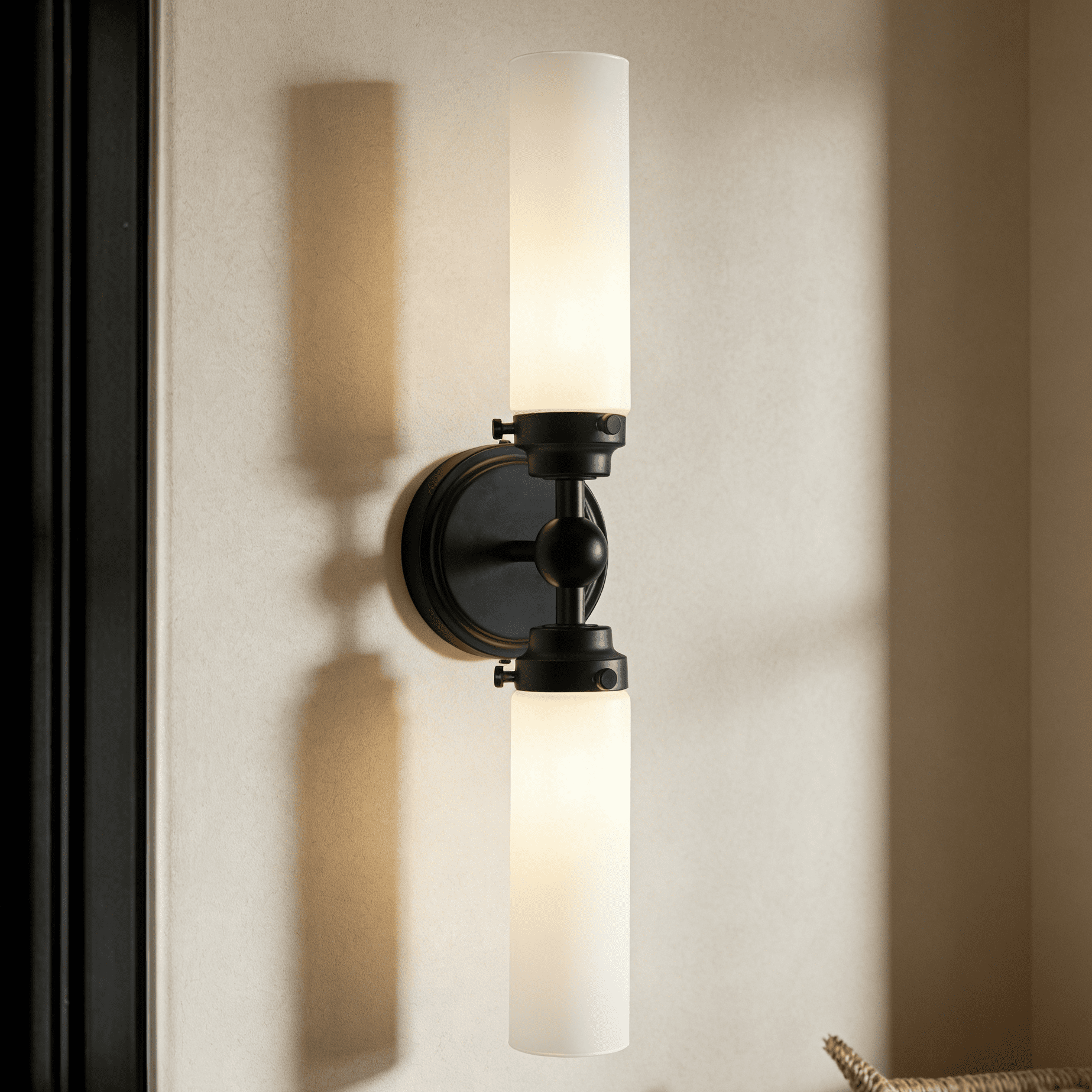 Minimalistt Double Tube Matte Black Metal with Milk Glass Shade Vanity ...