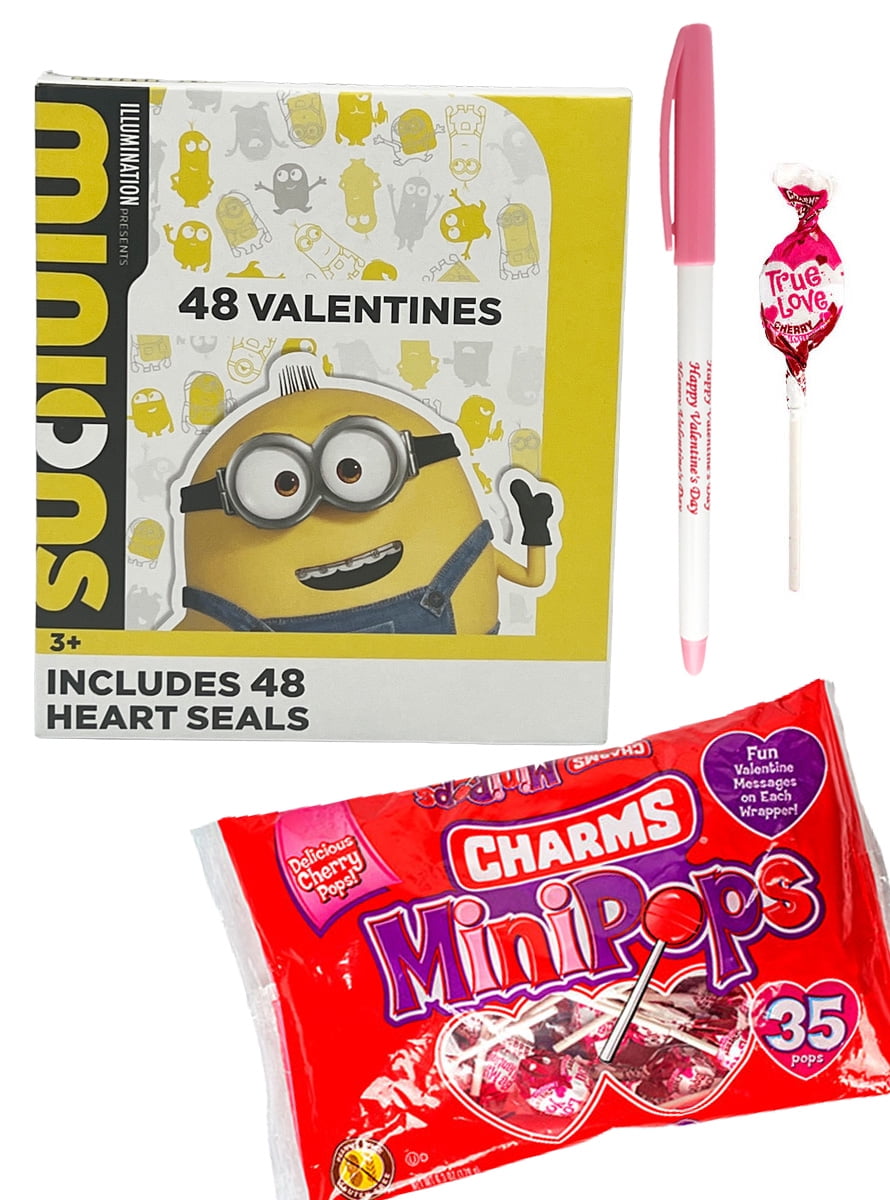 Minions 48 Valentine Cards with Charms Lollipops MiniPops Candy, 48 ...