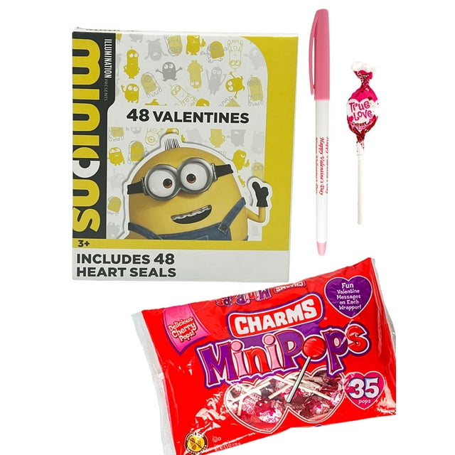 Minions 48 Valentine Cards with Charms Lollipops MiniPops Candy, 48 ...