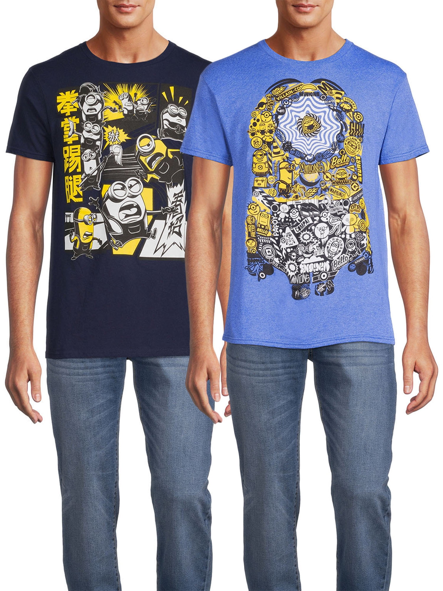 Minions Men's & Big Men's Kanji Comics and Minion Graphic Tees, 2-Pack ...