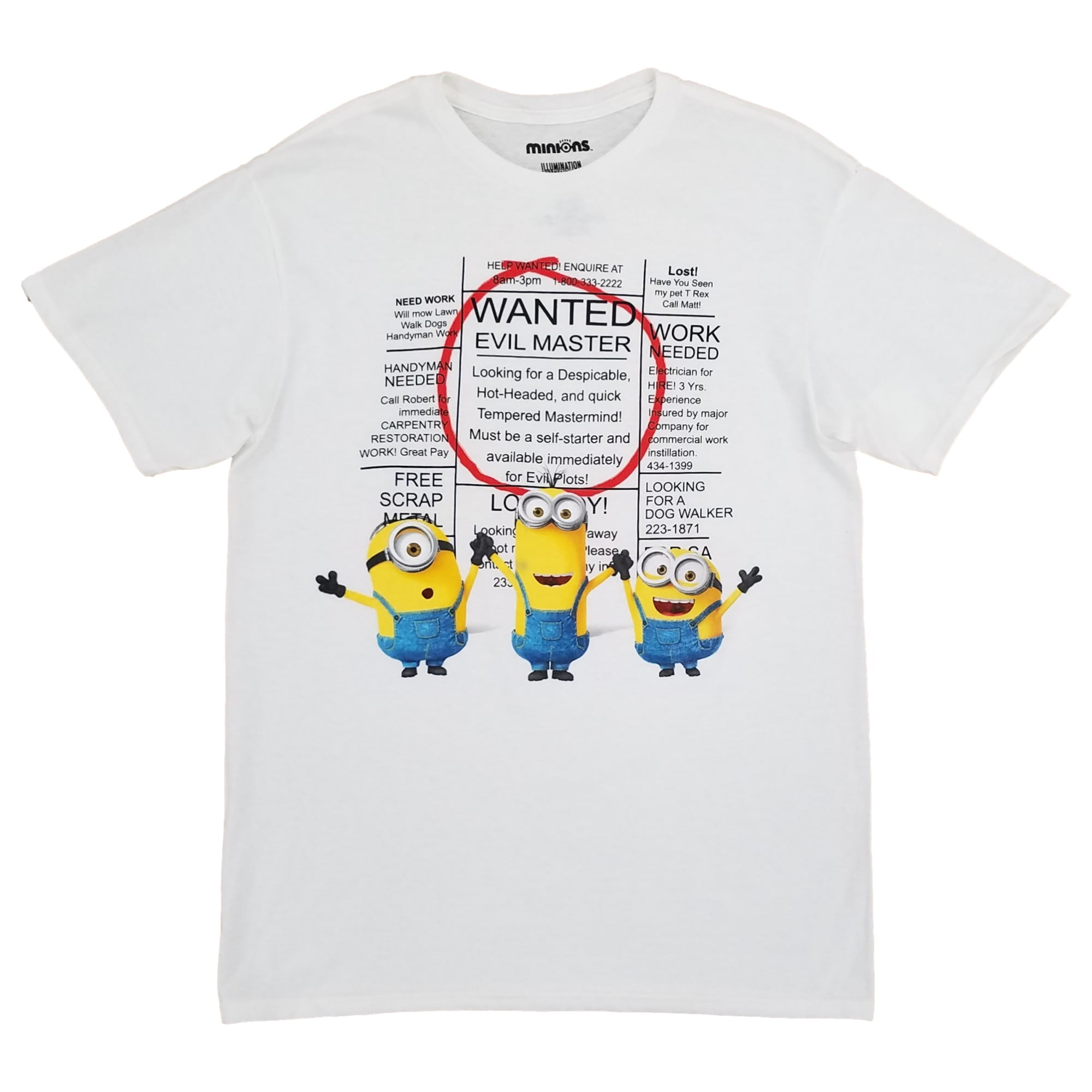 Minions Mens White Wanted Evil Master Short Sleeve T-Shirt Large ...
