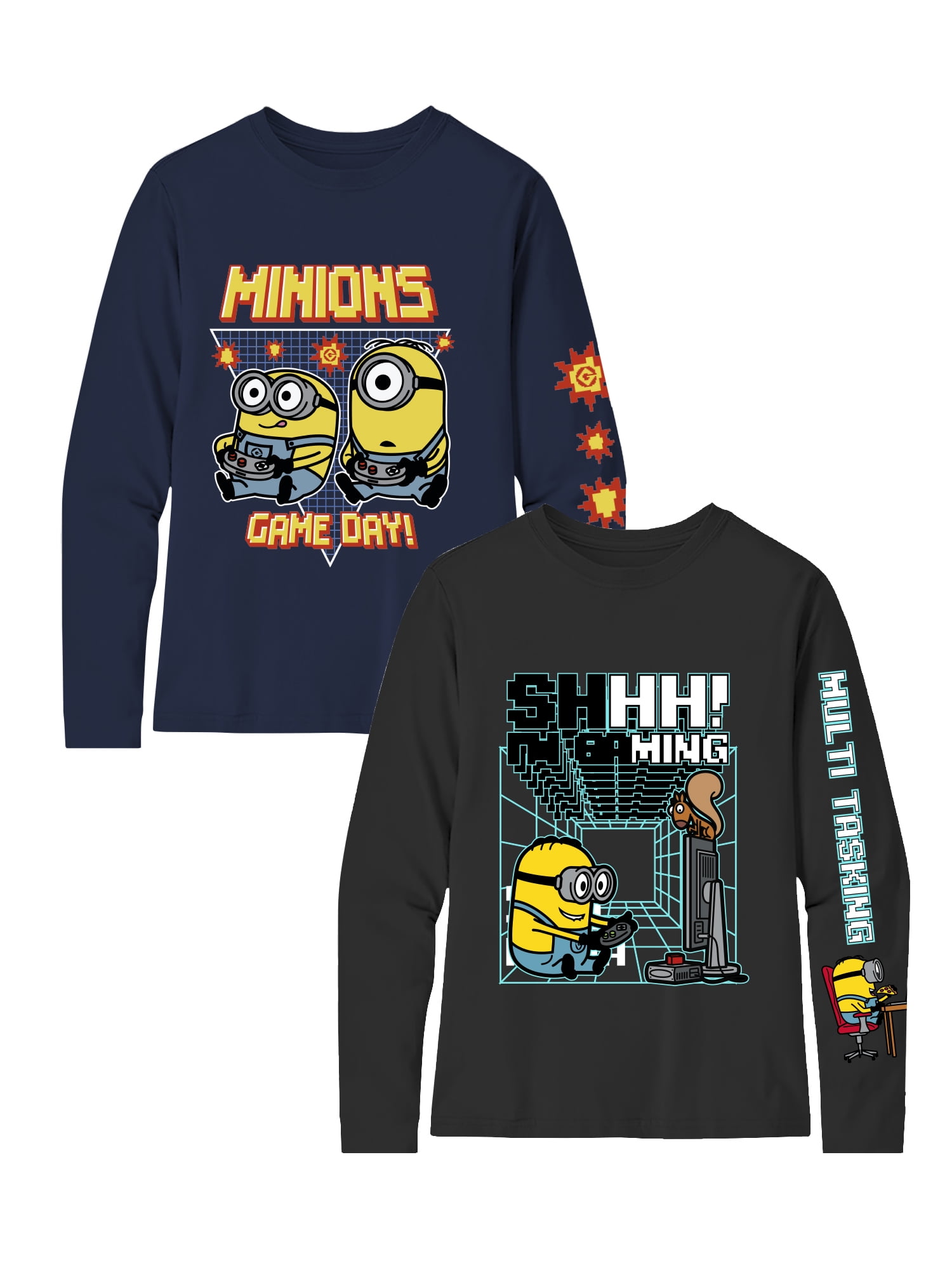 Minions Shhh Gaming Day, Boys Apparel Graphic Crew Neck LS T-Shirt, 2 ...
