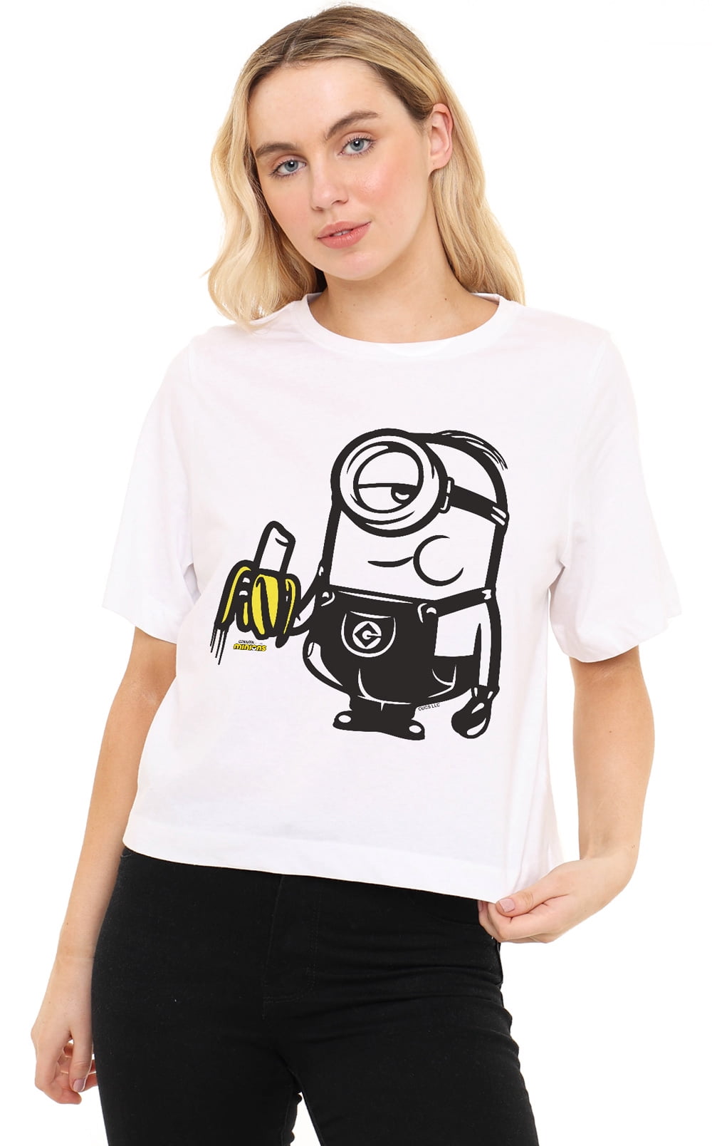 Minions Stuart Stencil Banana Women's Boxy Cropped T-Shirt Casual ...